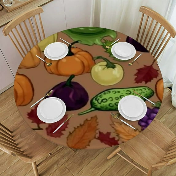 Autumn Pumpkin Leaves Round Fitted Tablecloth, Apple Pear Elastic ...