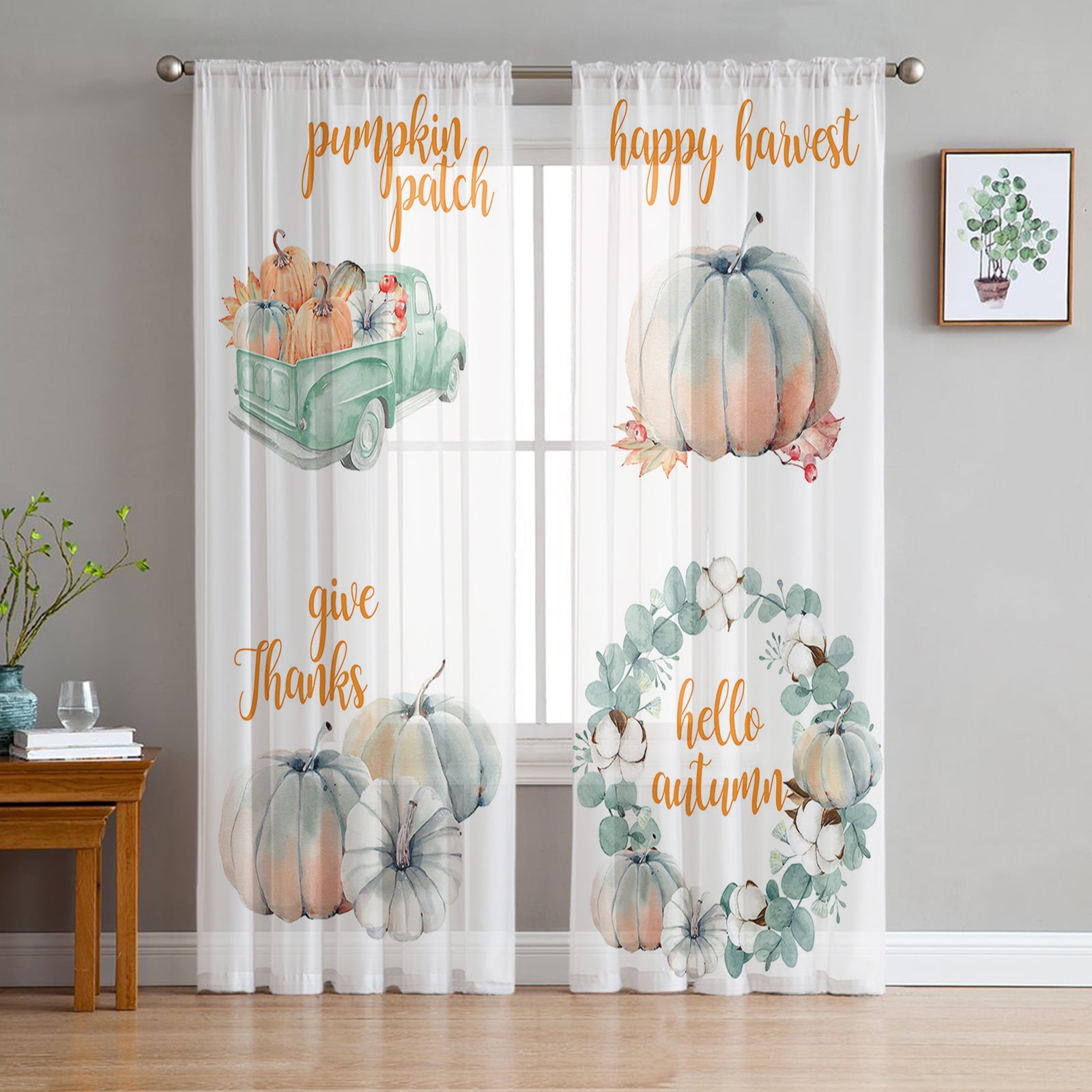 Autumn Pumpkin Leaves Sheer Curtain for Living Room Voile for Window ...
