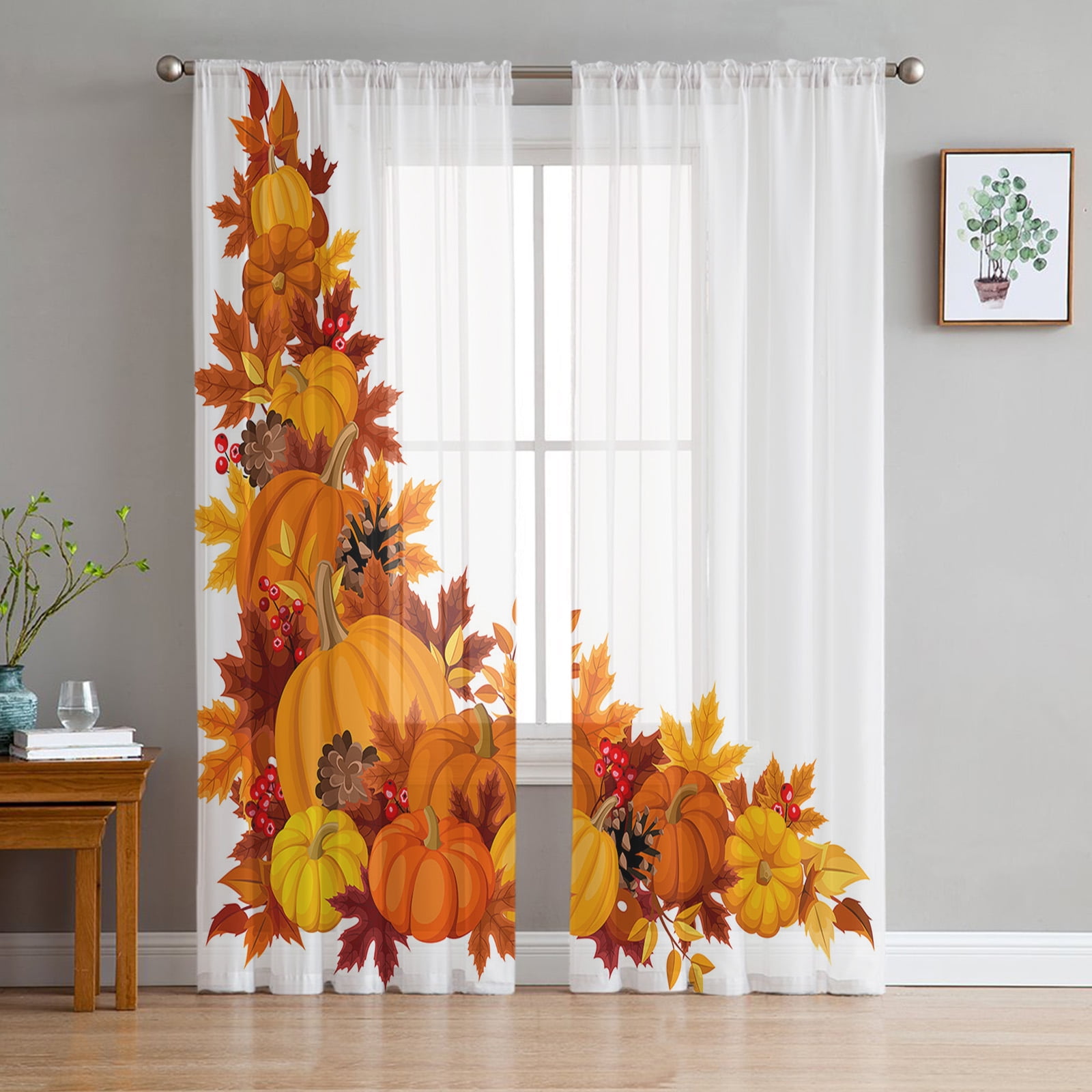 Autumn Pumpkin Leaves Sheer Curtain for Living Room Voile for Window ...