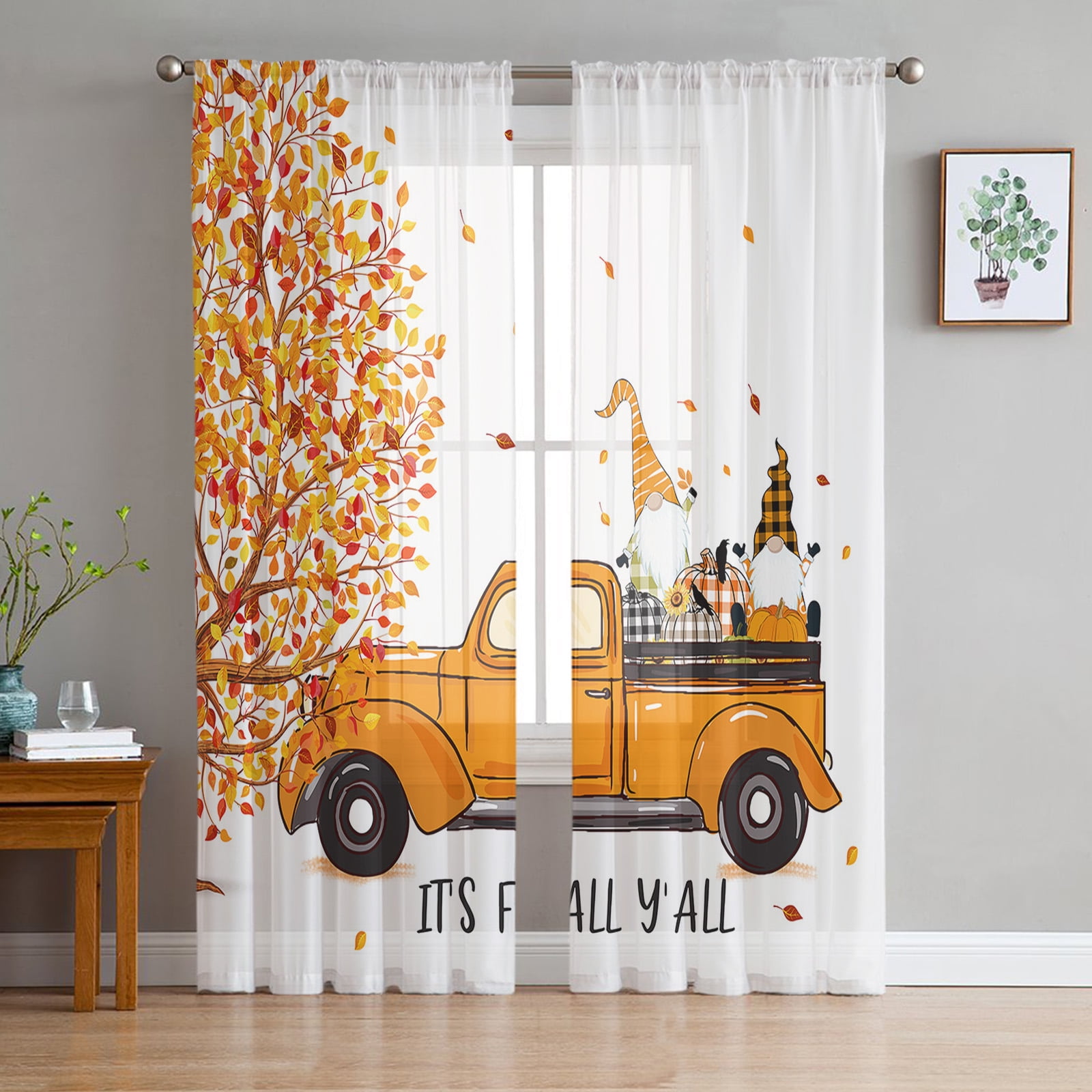 Autumn Pumpkin Leaves Sheer Curtain for Living Room Voile for Window ...