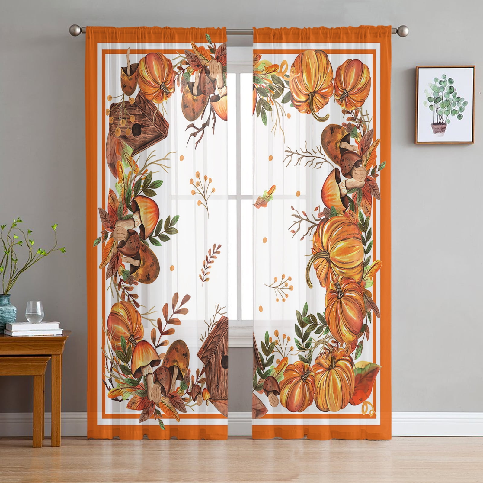 Autumn Pumpkin Leaves Sheer Curtain for Living Room Voile for Window ...