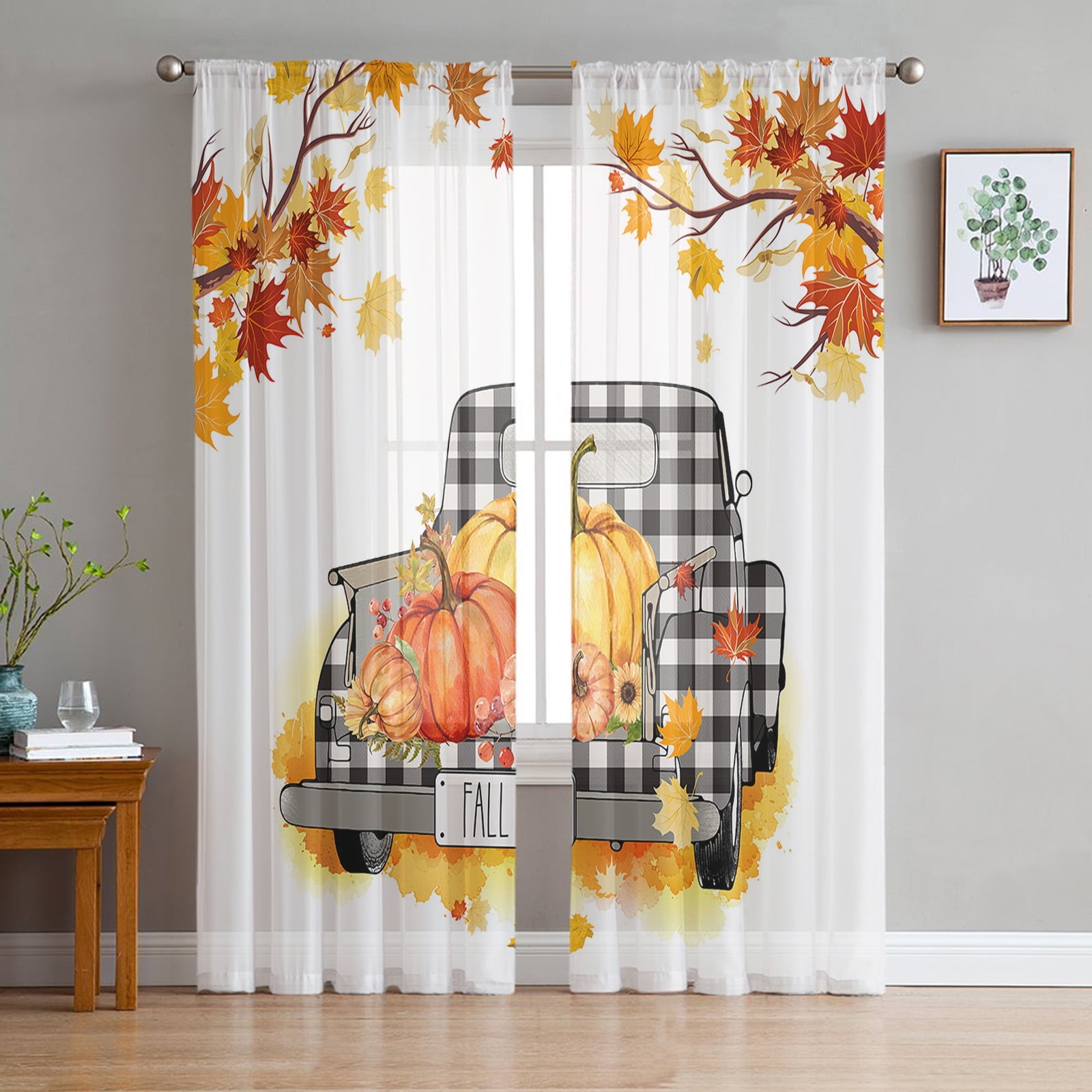 Autumn Pumpkin Leaves Sheer Curtain for Living Room Voile for Window ...