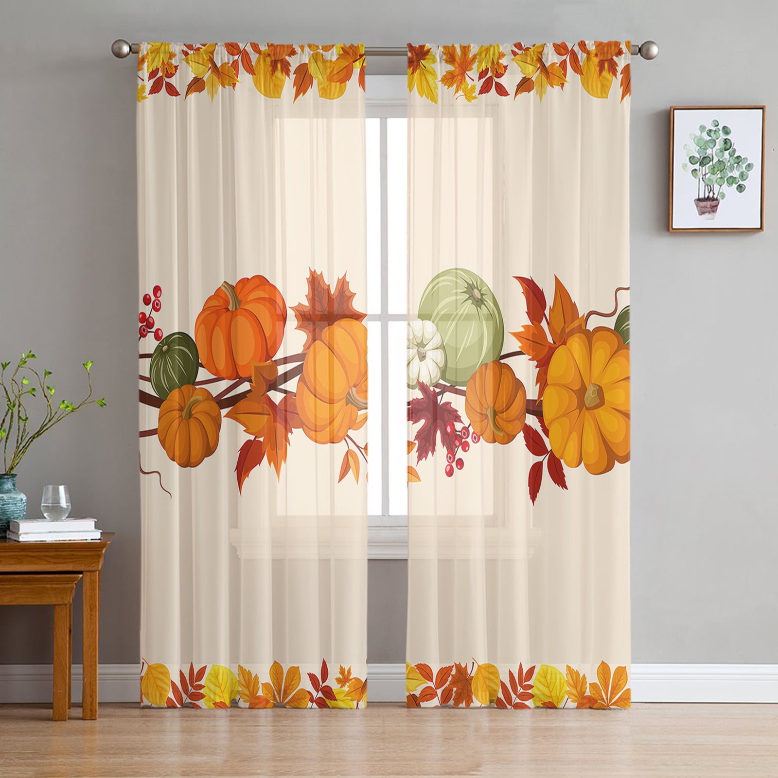 Autumn Pumpkin Leaves Sheer Curtain for Living Room Voile for Window ...