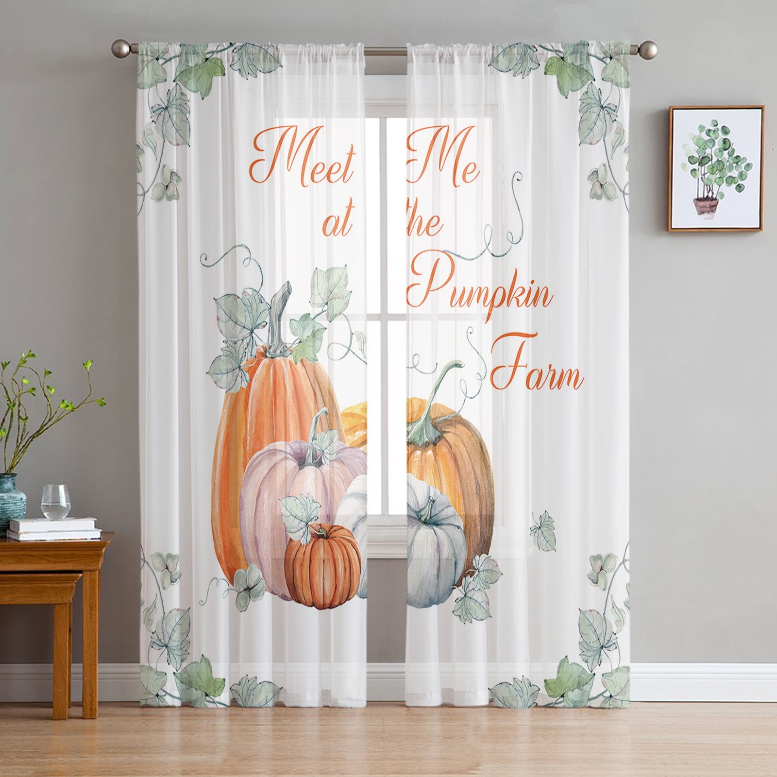 Autumn Pumpkin Leaves Sheer Curtain for Living Room Voile for Window ...