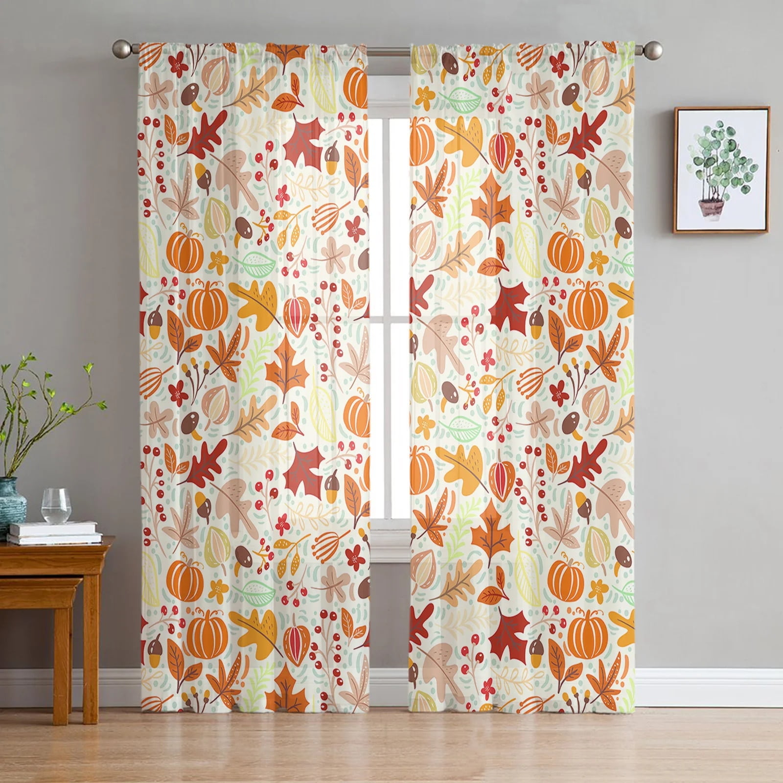 Autumn Pumpkin Leaves Sheer Curtains for Living Room Printed Tulle ...