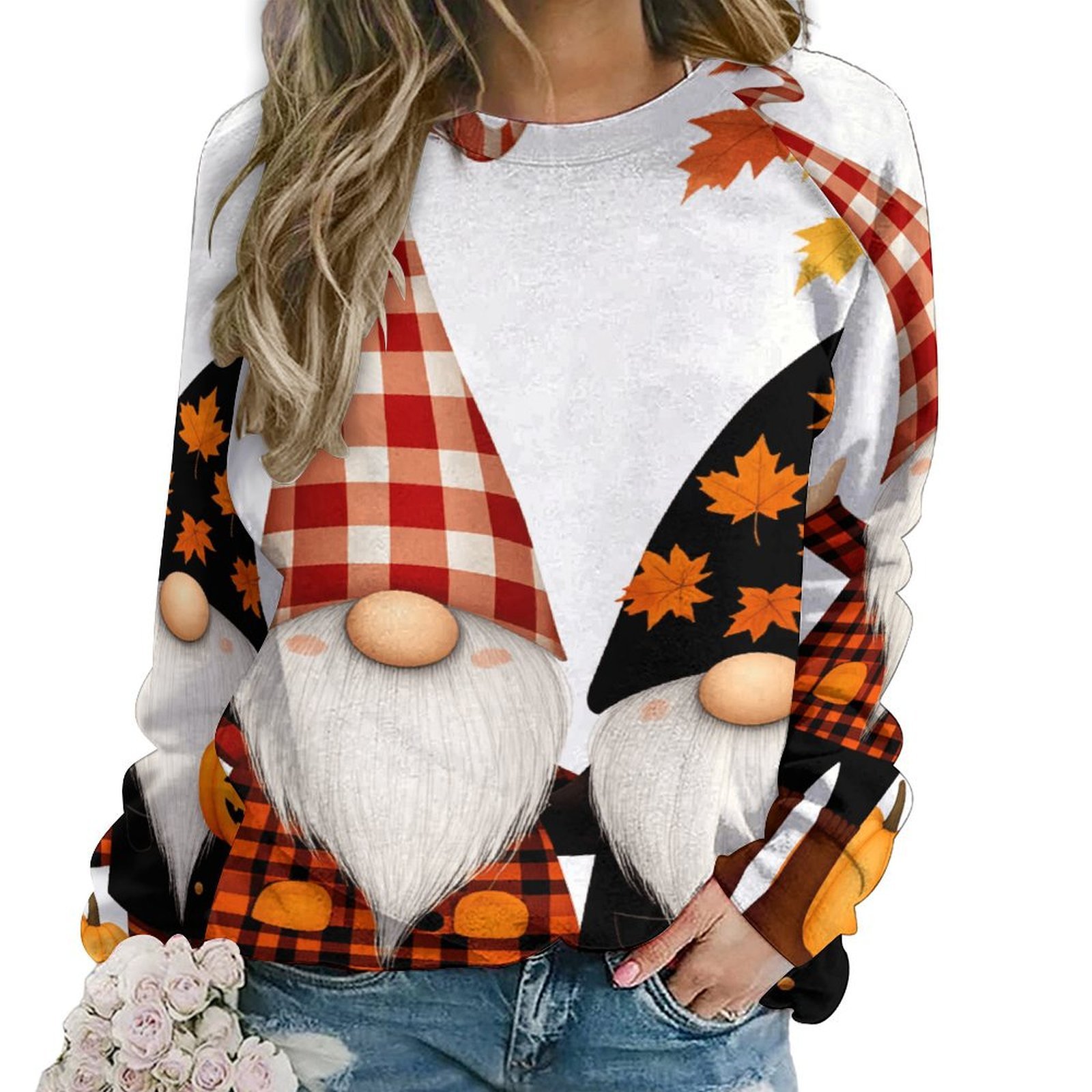 Autumn Pumpkin Leaves Thanksgiving Fashion Round Neck Long Sleeve ...