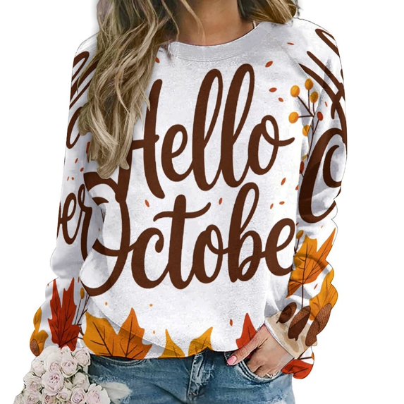 Autumn Pumpkin Leaves Thanksgiving Hoodie Round Neck Long Sleeve Cute ...
