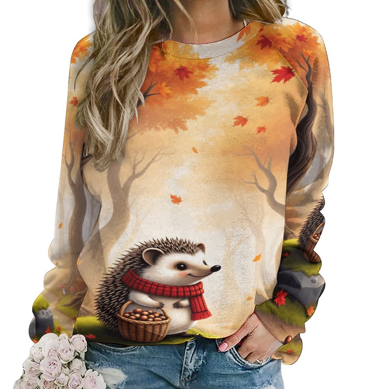 Autumn Pumpkin Leaves Thanksgiving Hoodie Round Neck Long Sleeve Cute ...
