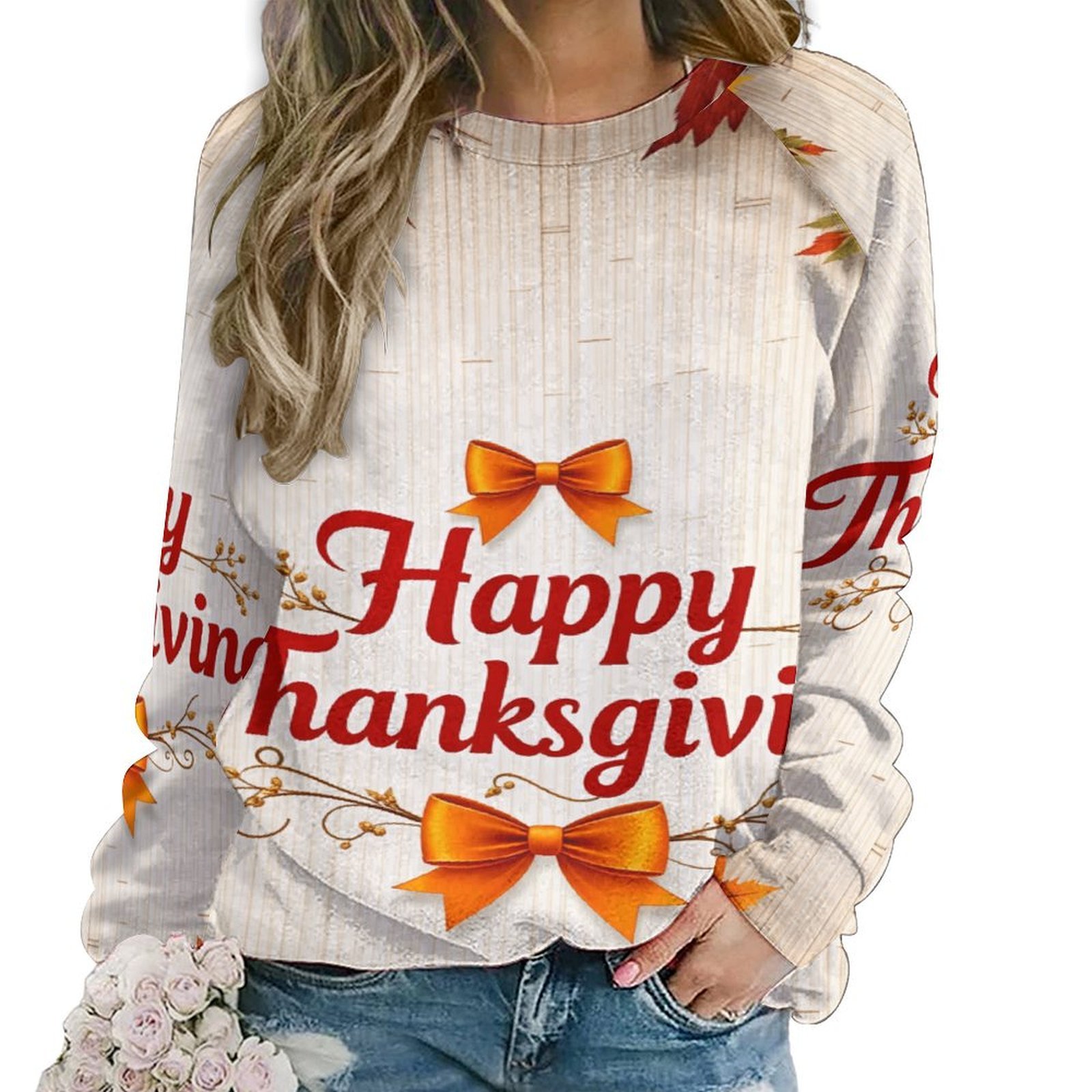 Autumn Pumpkin Leaves Thanksgiving Hoodie Round Neck Long Sleeve Cute ...