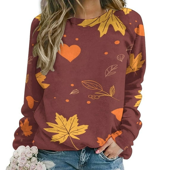 Autumn Pumpkin Leaves Thanksgiving Hoodie Round Neck Long Sleeve Cute ...