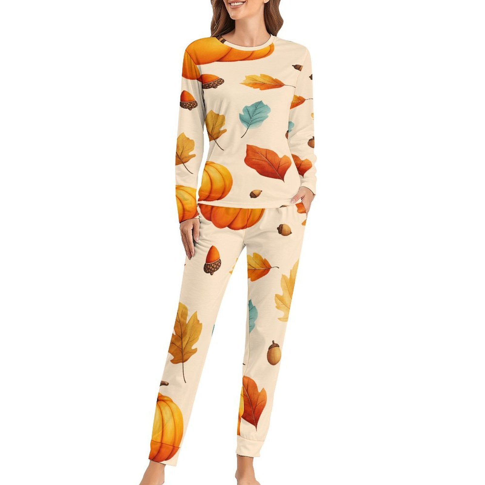 Autumn Pumpkin Leaves Thanksgiving Pajamas Woman 2 Piece Vintage ...