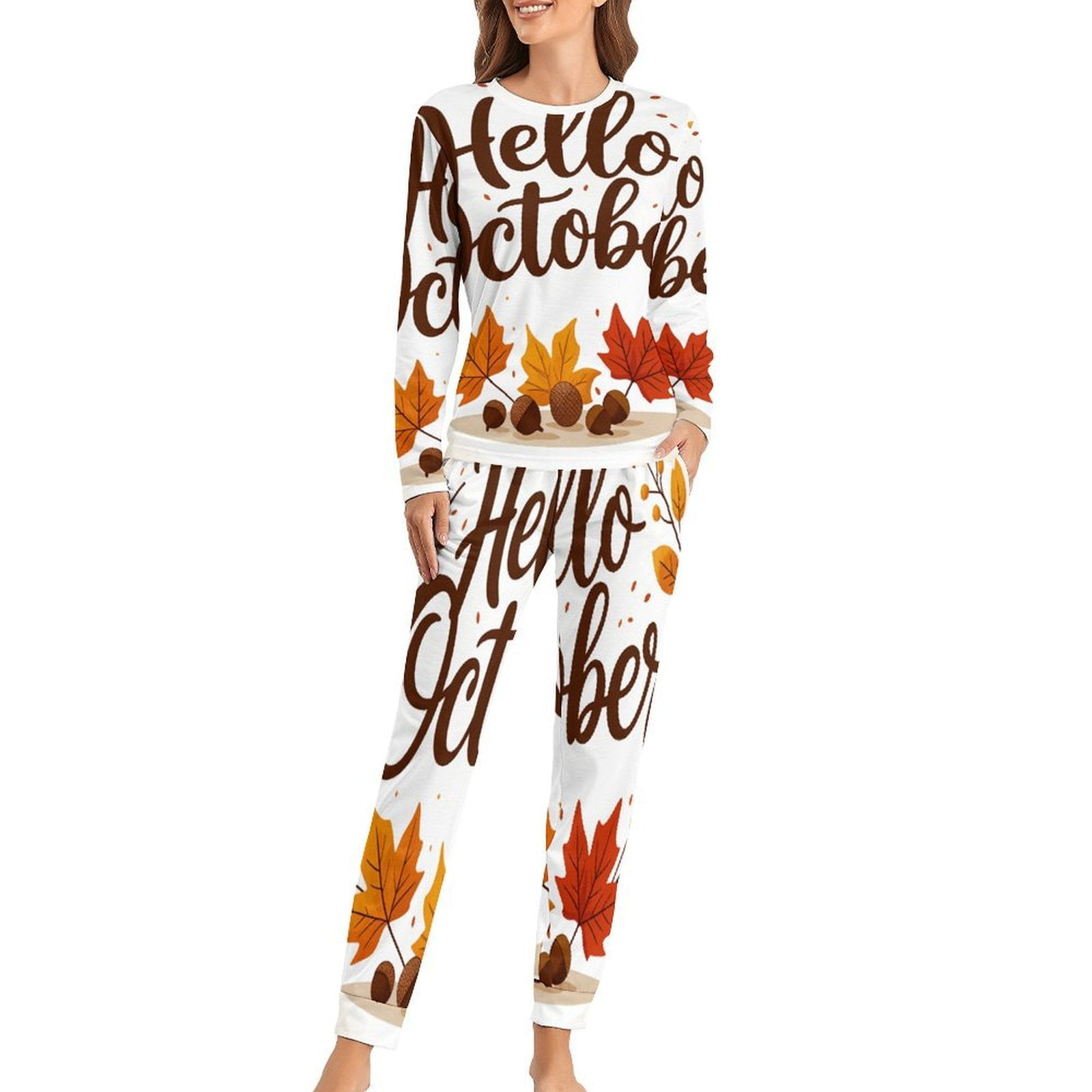 Autumn Pumpkin Leaves Thanksgiving Pajamas Woman 2 Piece Vintage ...