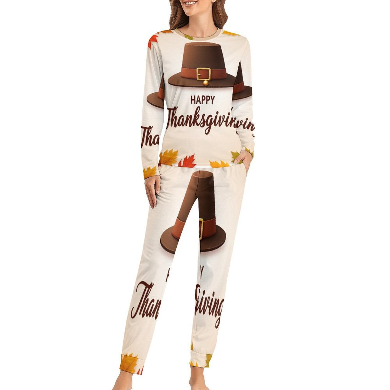 Autumn Pumpkin Leaves Thanksgiving Pajamas Woman 2 Piece Vintage ...