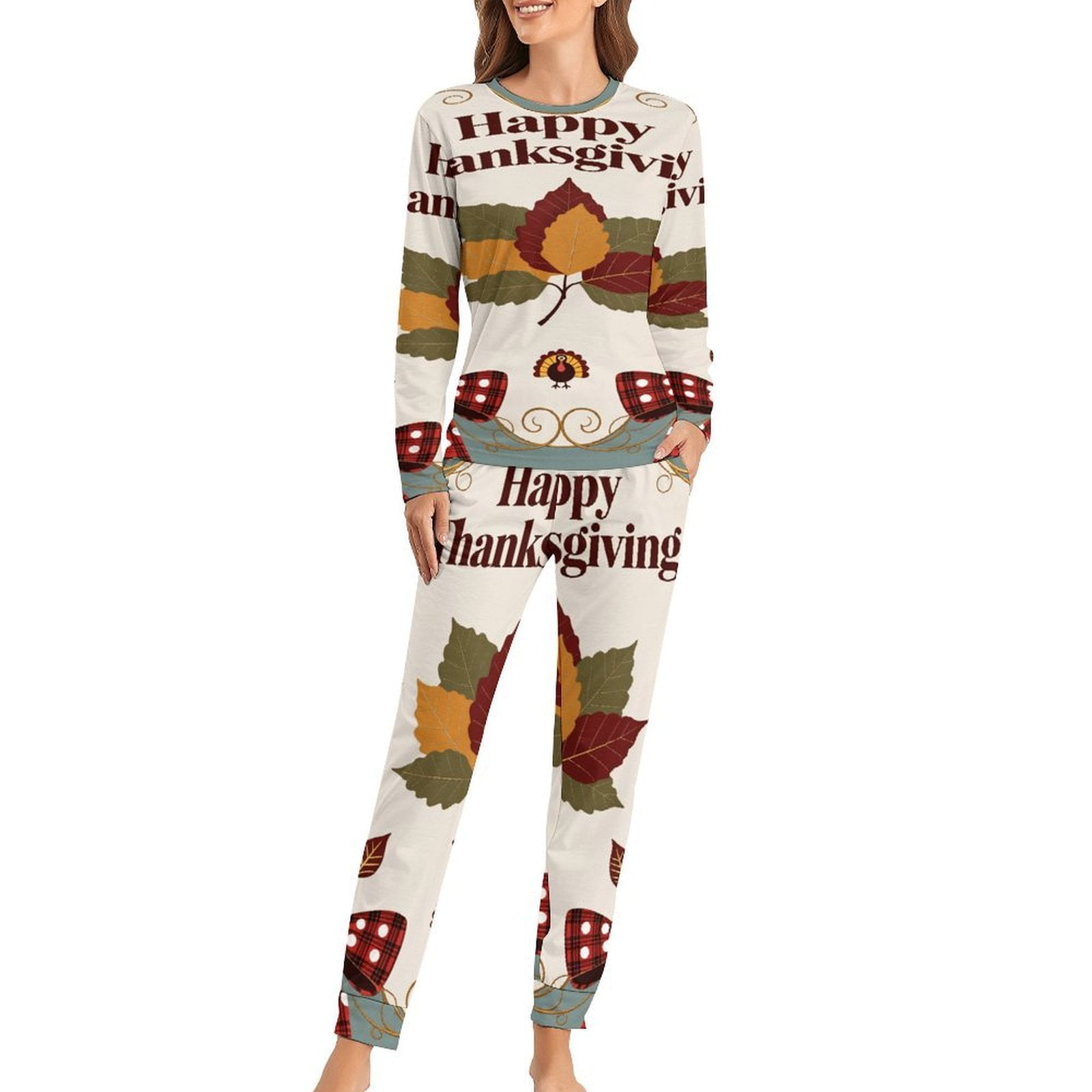 Autumn Pumpkin Leaves Thanksgiving Pajamas Woman 2 Piece Vintage ...