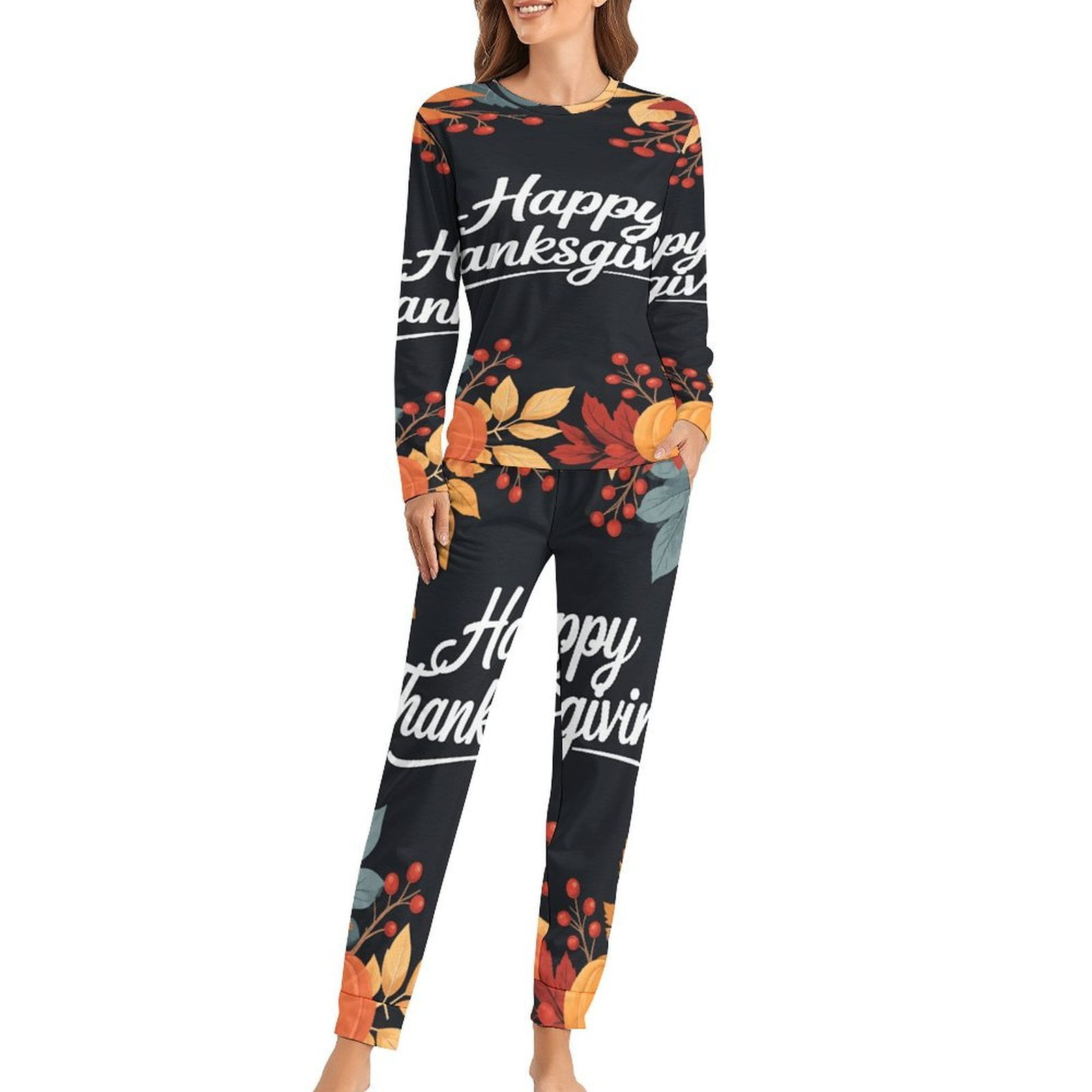 Autumn Pumpkin Leaves Thanksgiving Pajamas Woman 2 Piece Vintage ...