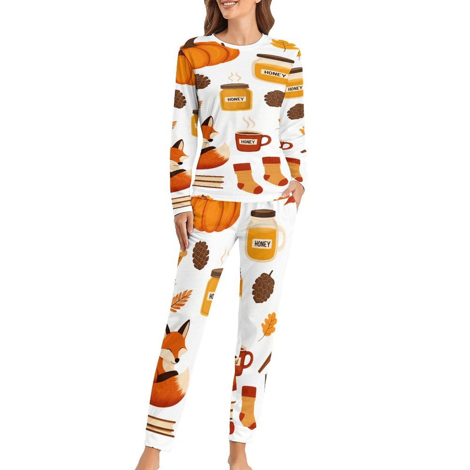 Autumn Pumpkin Leaves Thanksgiving Pajamas Woman 2 Piece Vintage ...