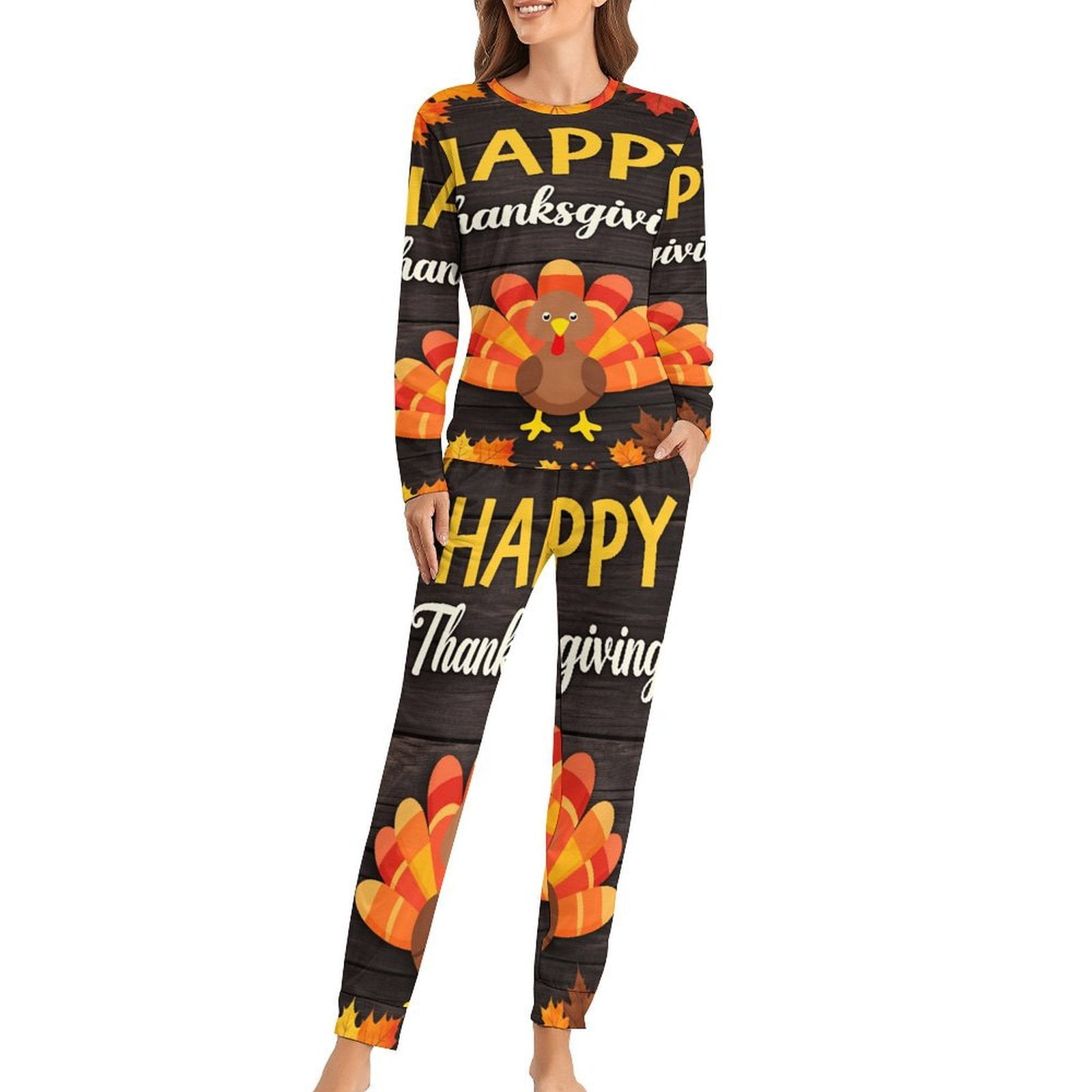 Autumn Pumpkin Leaves Thanksgiving Pajamas Woman 2 Piece Vintage ...