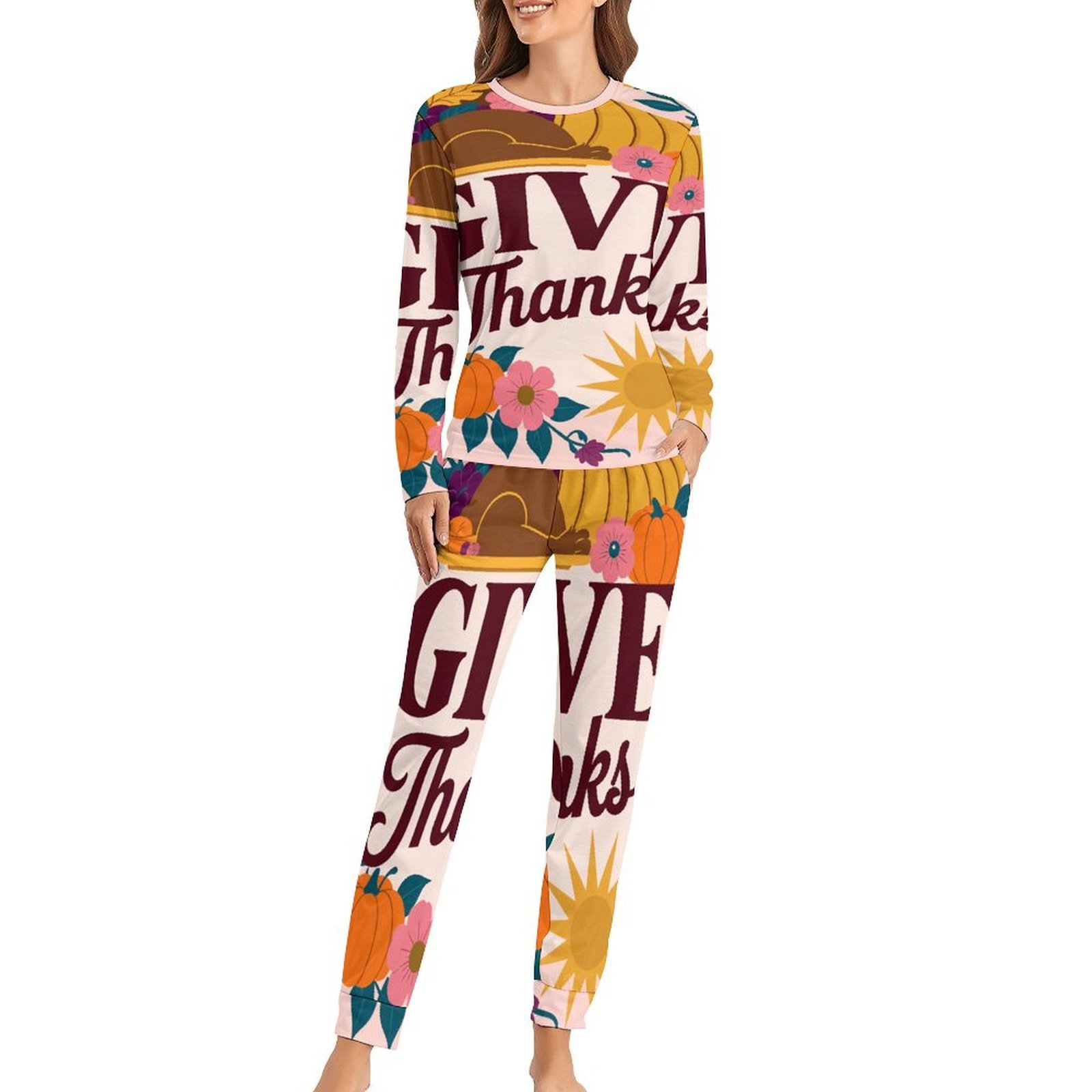 Autumn Pumpkin Leaves Thanksgiving Pajamas Woman 2 Piece Vintage ...