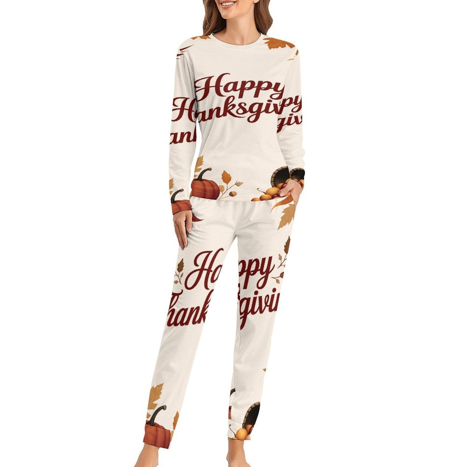 Autumn Pumpkin Leaves Thanksgiving Pajamas Woman 2 Piece Vintage ...