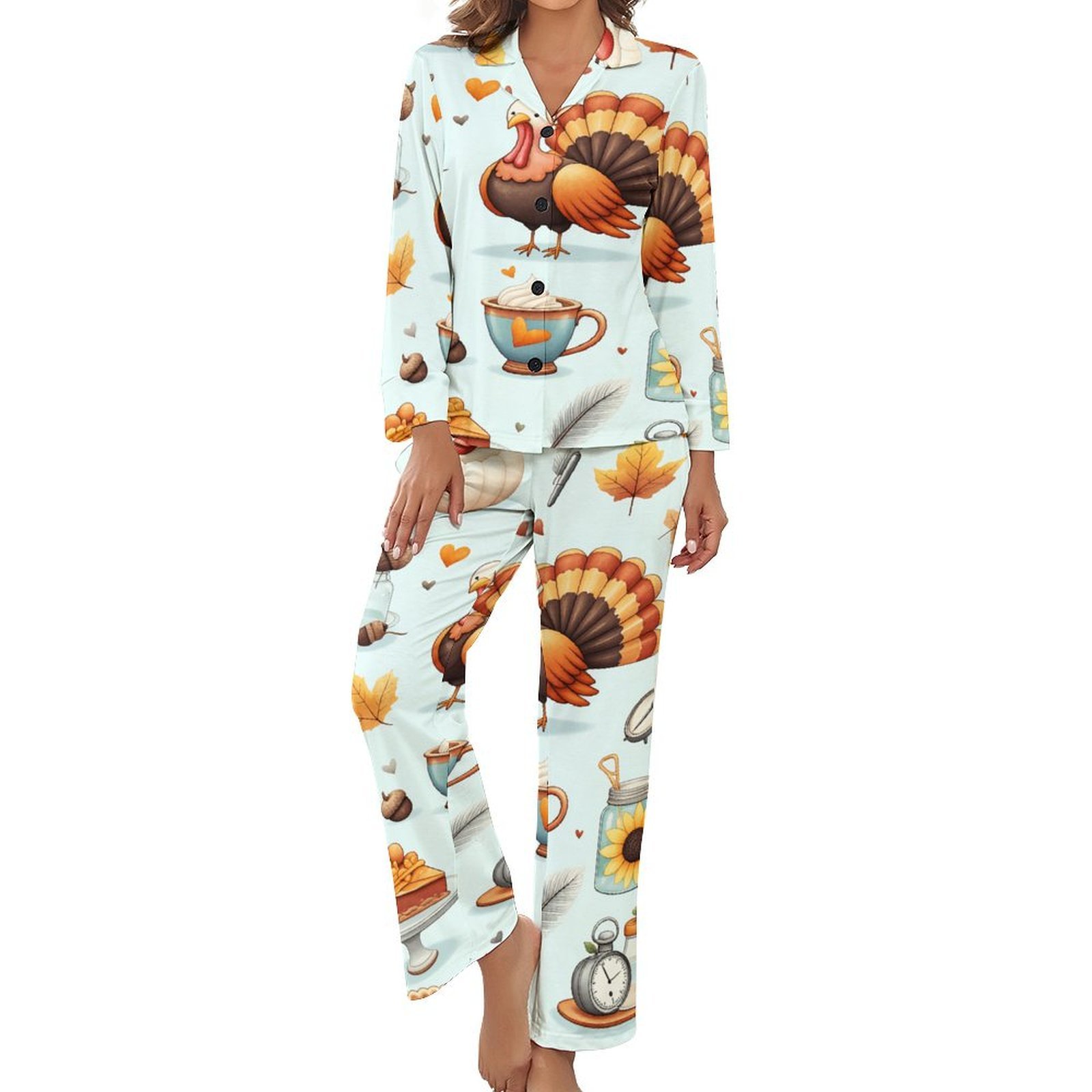 Autumn Pumpkin Leaves Thanksgiving Pajamas Woman Vintage Pajamas Set 2 ...