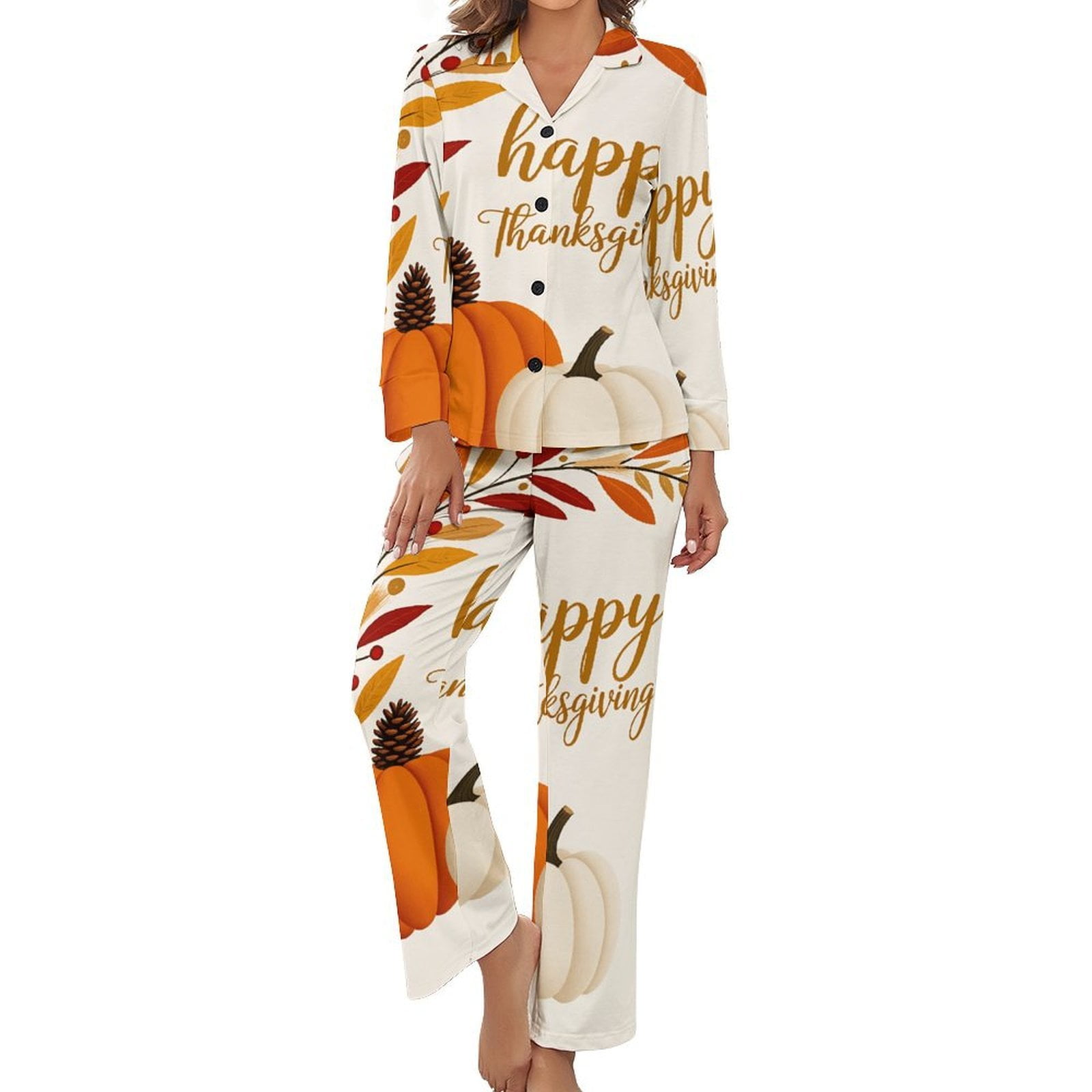 Autumn Pumpkin Leaves Thanksgiving Pajamas Woman Vintage Pajamas Set 2 ...