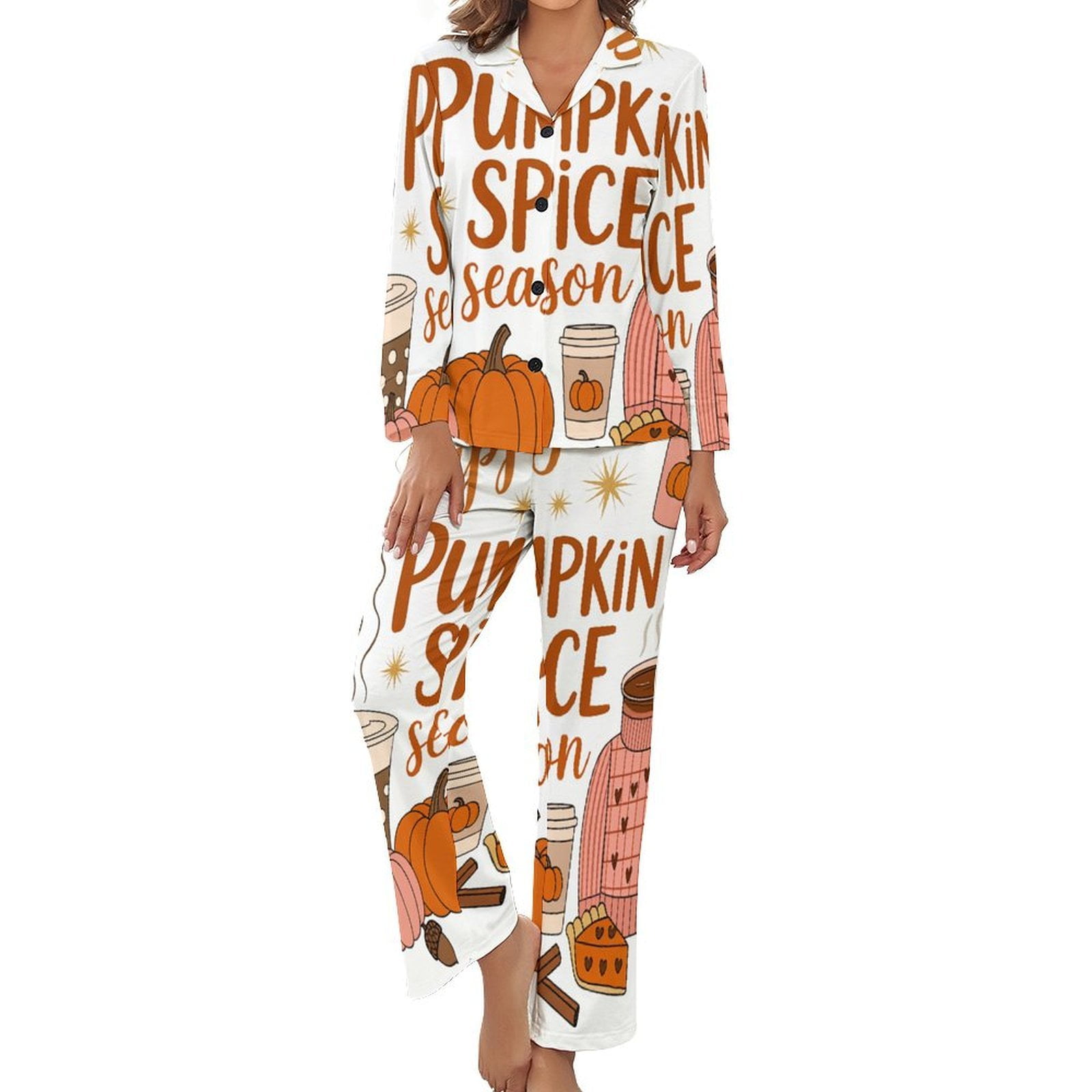 Autumn Pumpkin Leaves Thanksgiving Pajamas Woman Vintage Pajamas Set 2 ...