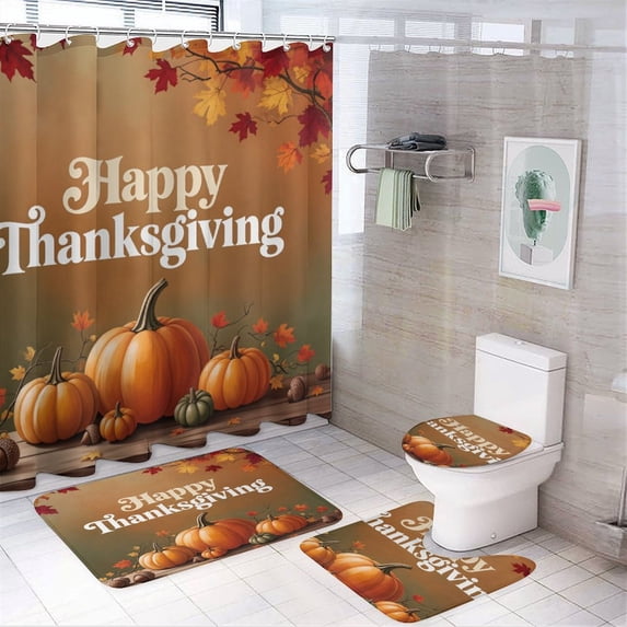 Autumn Pumpkin Leaves Thanksgiving Shower Curtain And Rugs Mat Set For ...