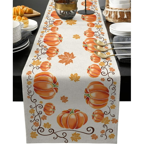 Autumn Pumpkin Linen Table Runners Thanksgiving Fall Maple Leaves ...