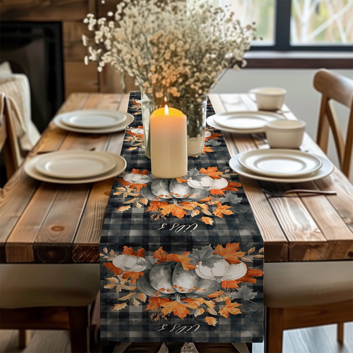 Autumn Pumpkin Maple Leaf Geometric Lattice Table Runners Dresser Table ...