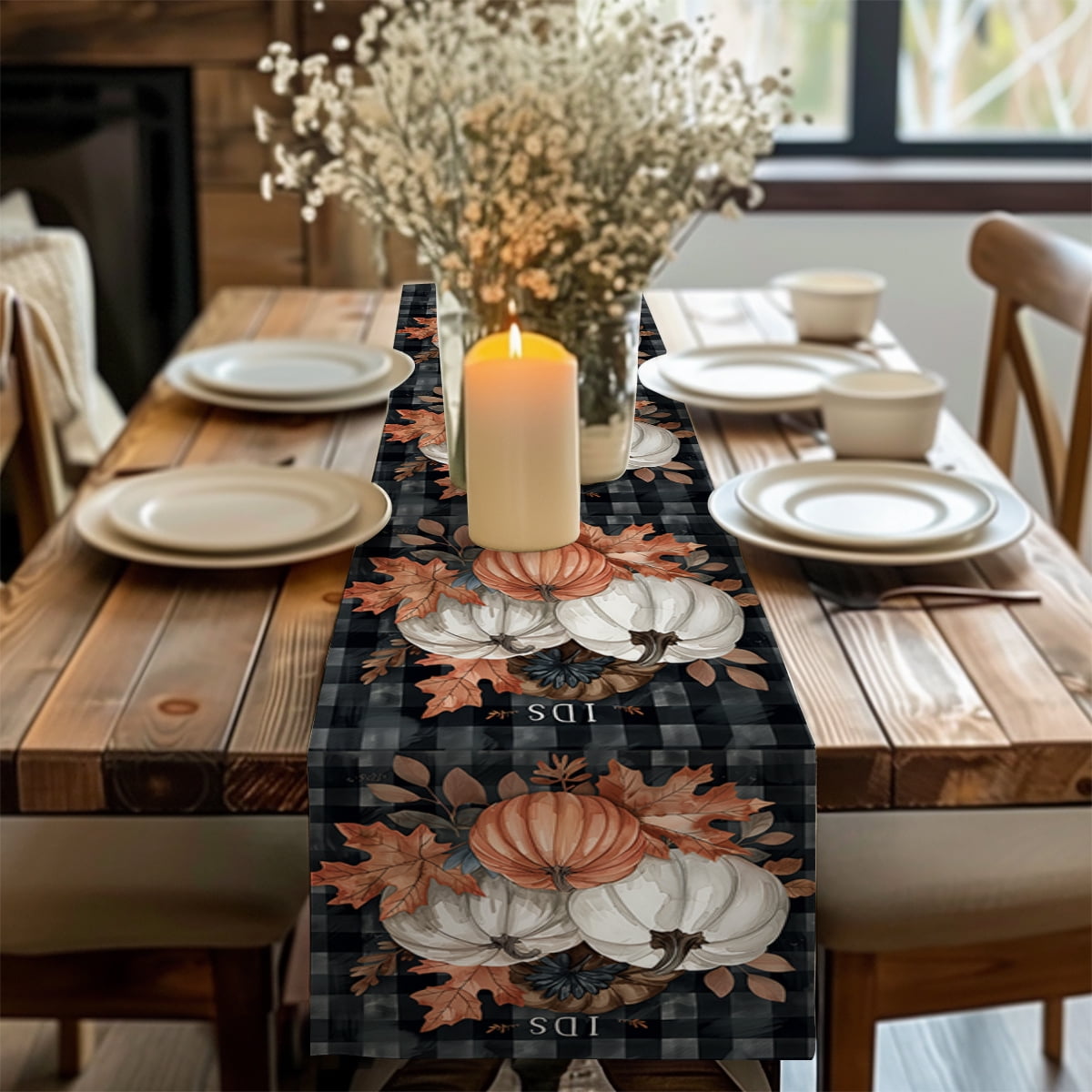 Autumn Pumpkin Maple Leaf Geometric Lattice Table Runners Dresser Table ...