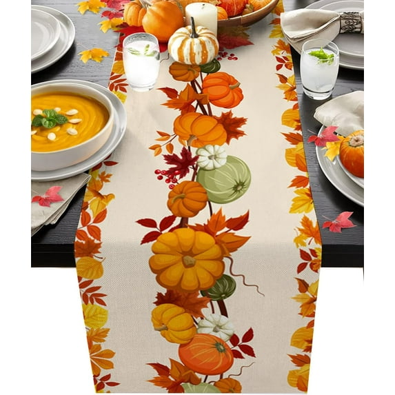 Autumn Pumpkin Maple Leaf Linen Table Runner Dresser Scarf r Reusable ...