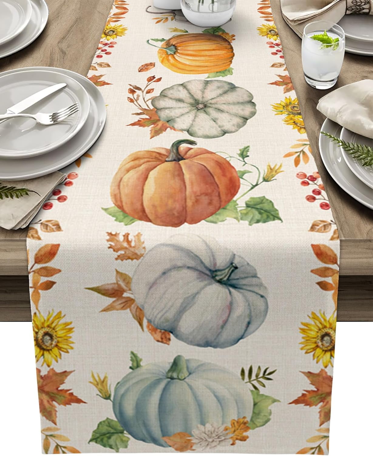 Autumn Pumpkin Maple Leaf Linen Table Runner Party r Fall Harvest ...