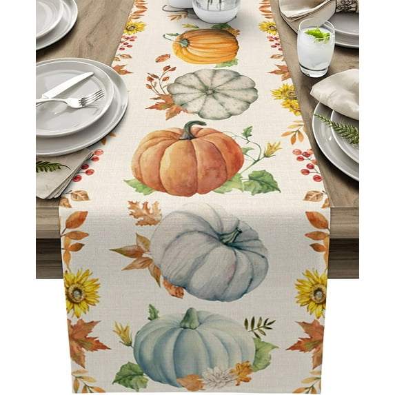 Autumn Pumpkin Maple Leaf Linen Table Runner Party r Fall Harvest ...