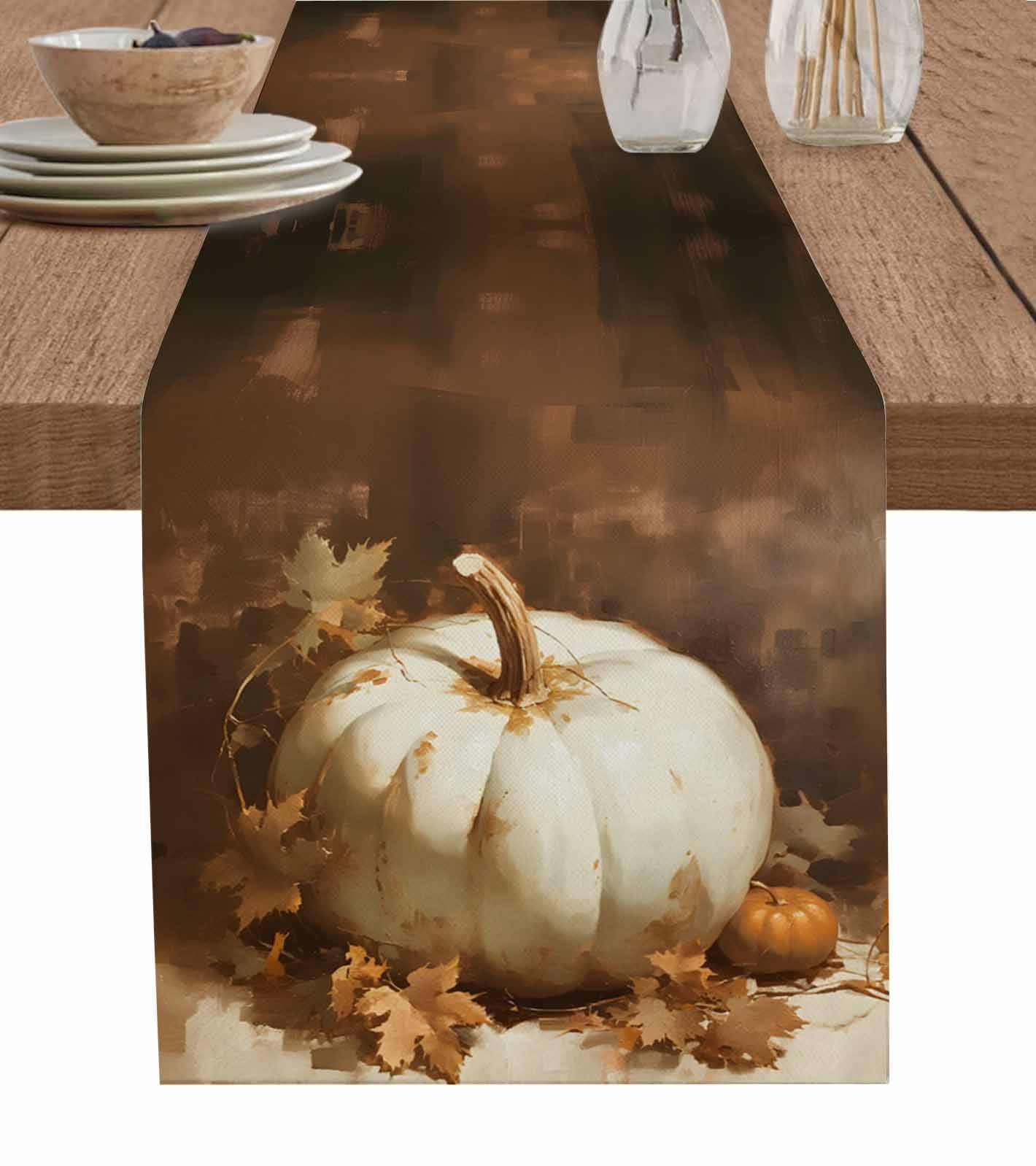 Autumn Pumpkin Maple Leaf Oil Painting Table Runner for Dining Table ...