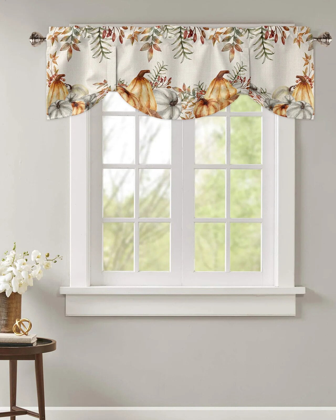 Autumn Pumpkin Maple Leaf Short Window Curtain Adjustable Tie Up ...
