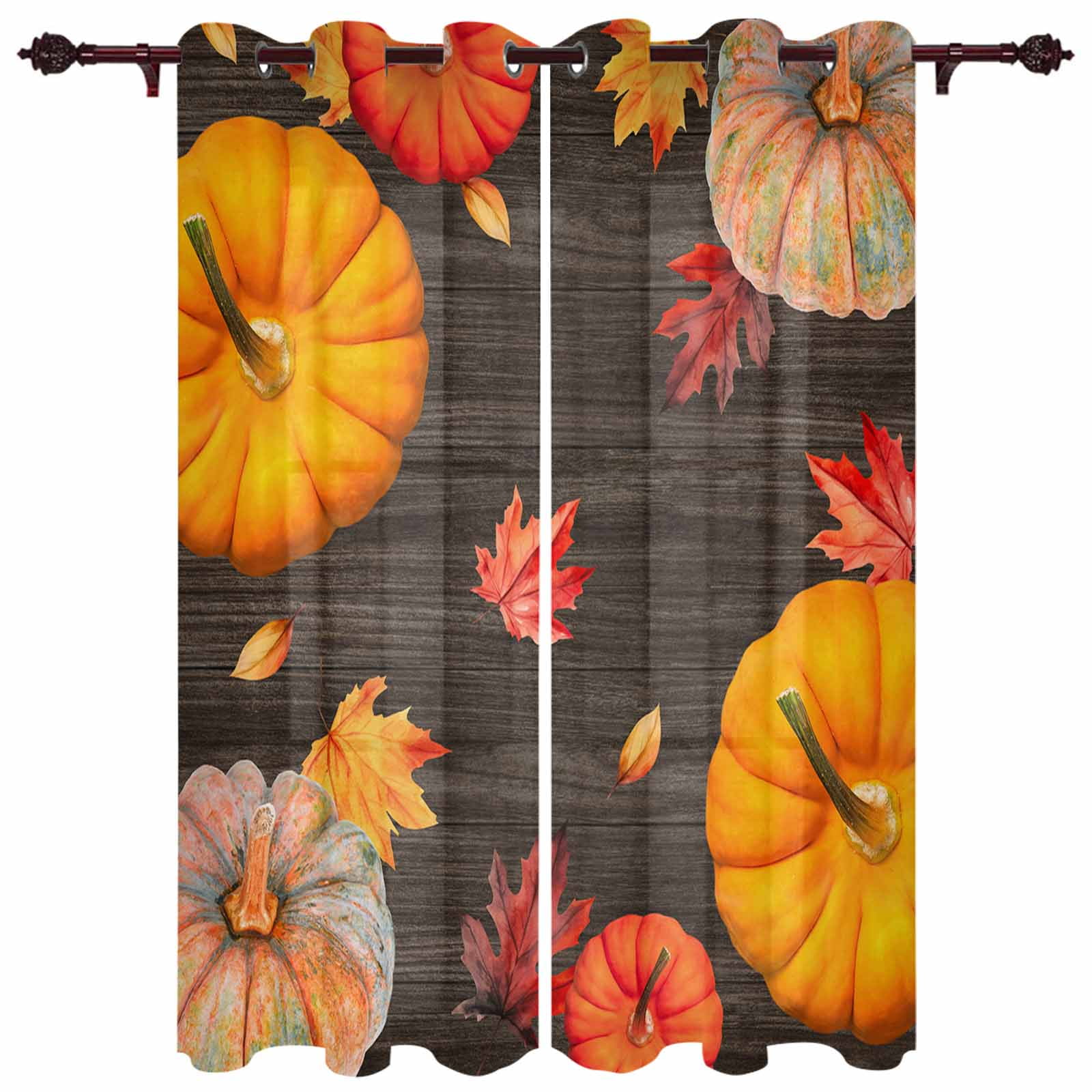 Autumn Pumpkin Maple Leaf Wood Grain Curtains for Living Room Window ...