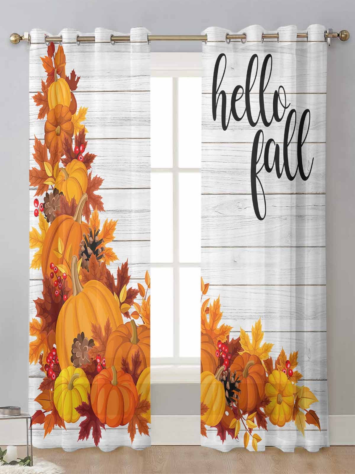 Autumn Pumpkin Maple Leaf Wood Grain Sheer Curtains For Living Room ...
