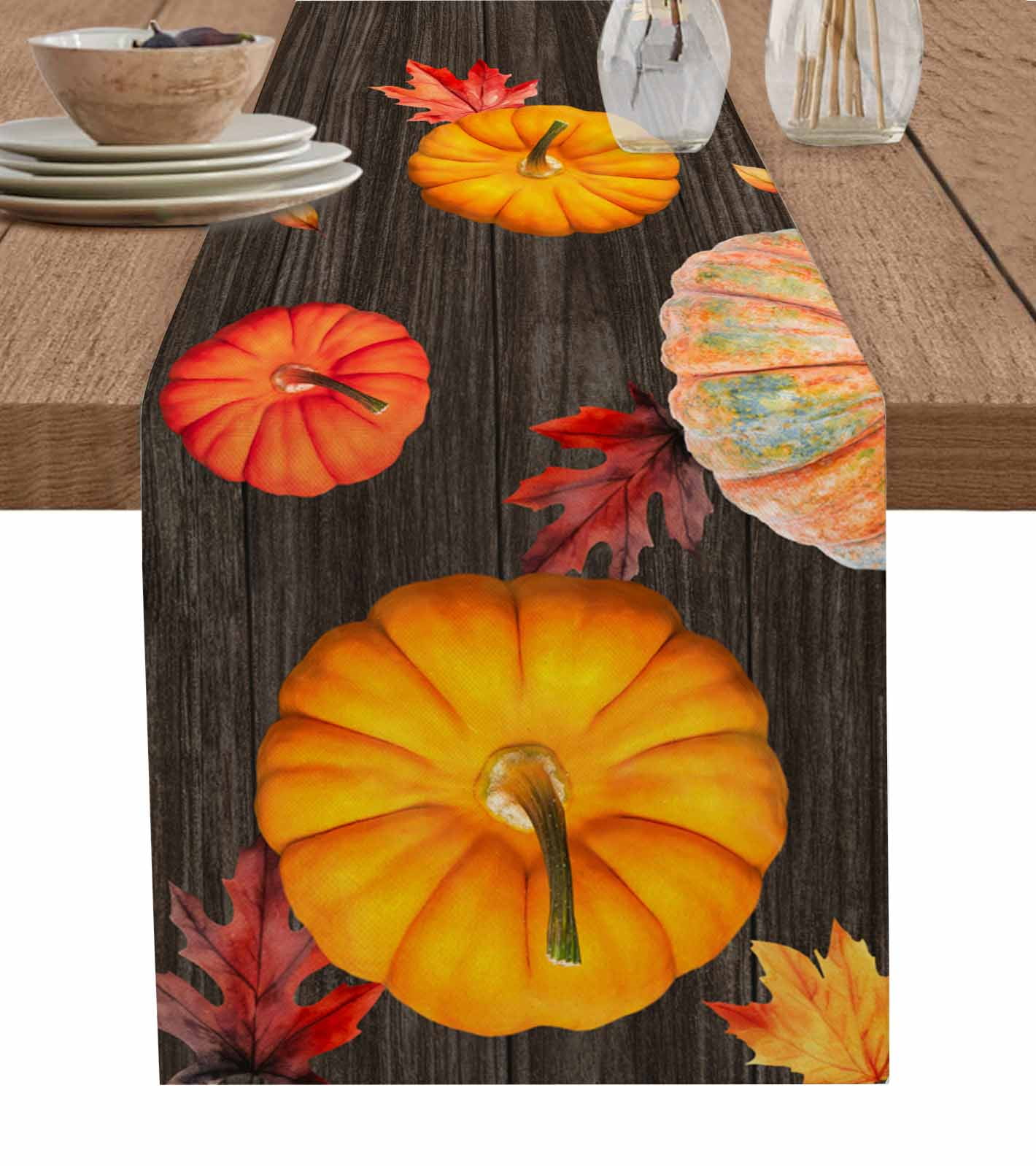 Autumn Pumpkin Maple Leaf Wood Grain Table Runner for Dining Table ...
