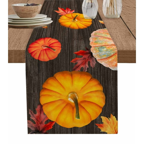 Autumn Pumpkin Maple Leaf Wood Grain Table Runner for Dining Table ...