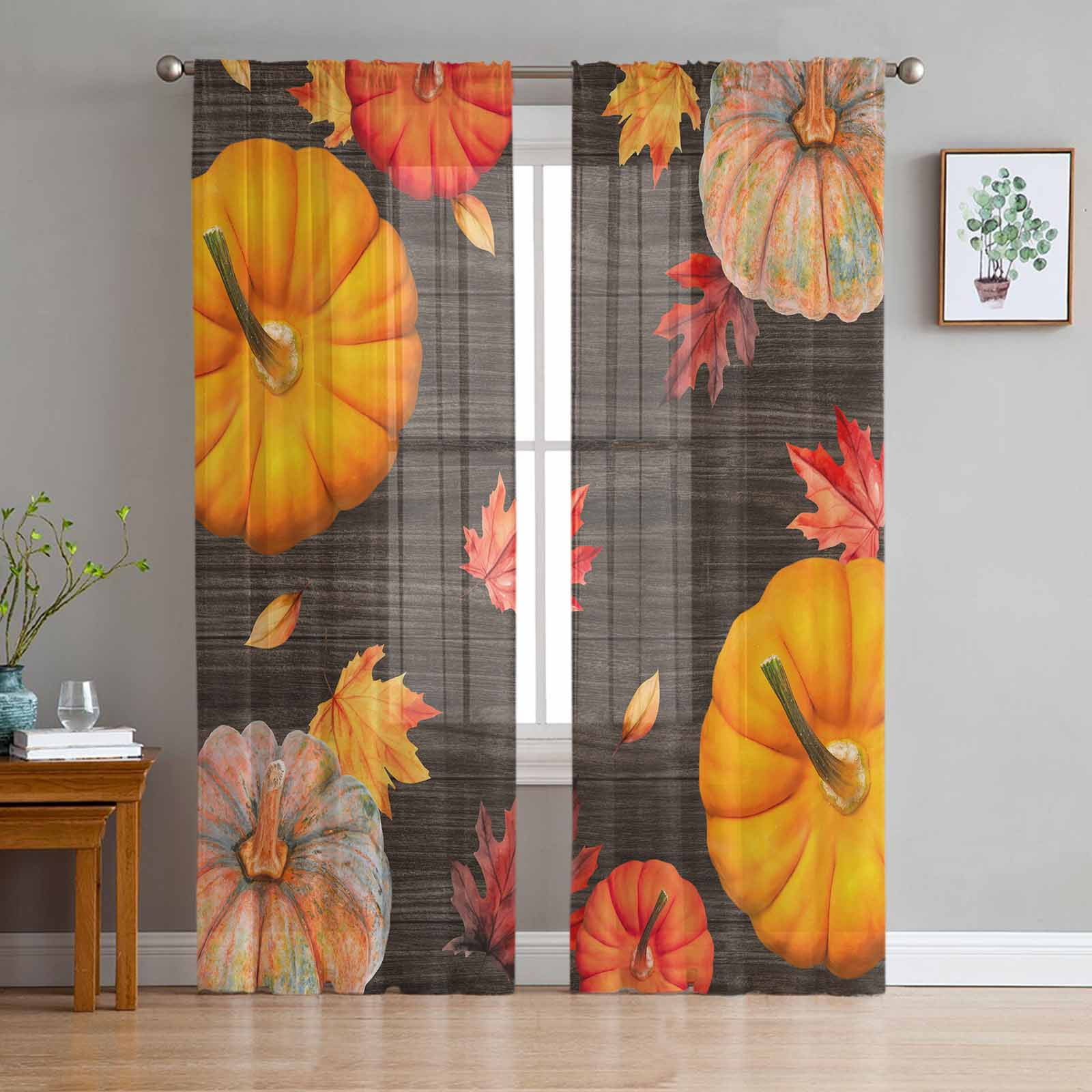 Autumn Pumpkin Maple Leaf Wood Grain Window Tulle Curtains for Living ...