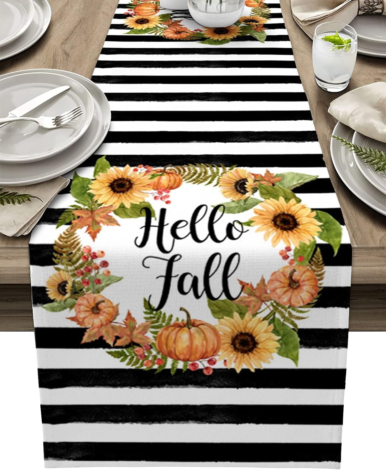 Autumn Pumpkin Maple Leaves Black White Stripes Linen Table Runners ...