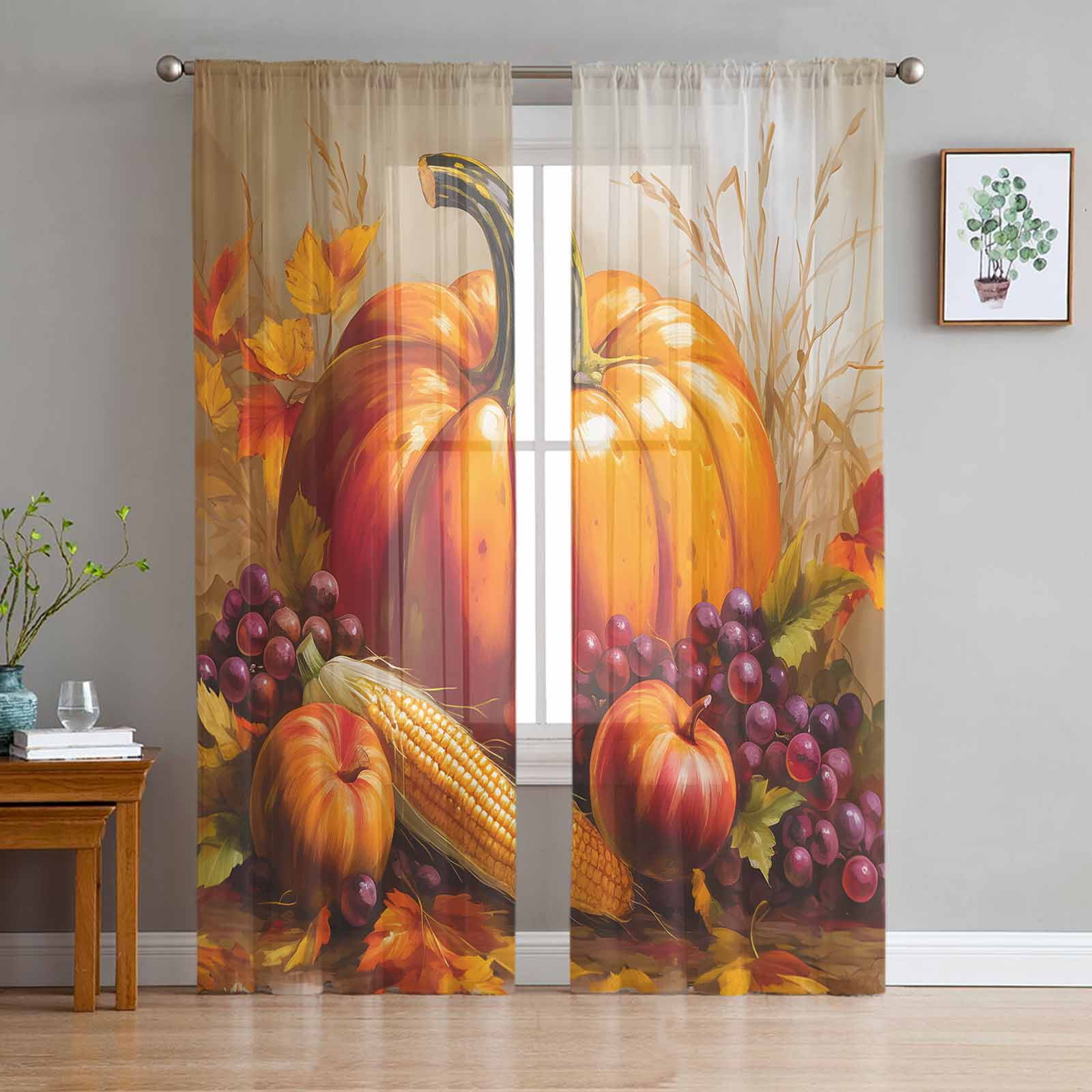 Autumn Pumpkin Maple Leaves Sheer Curtains for Living Room Modern Home ...