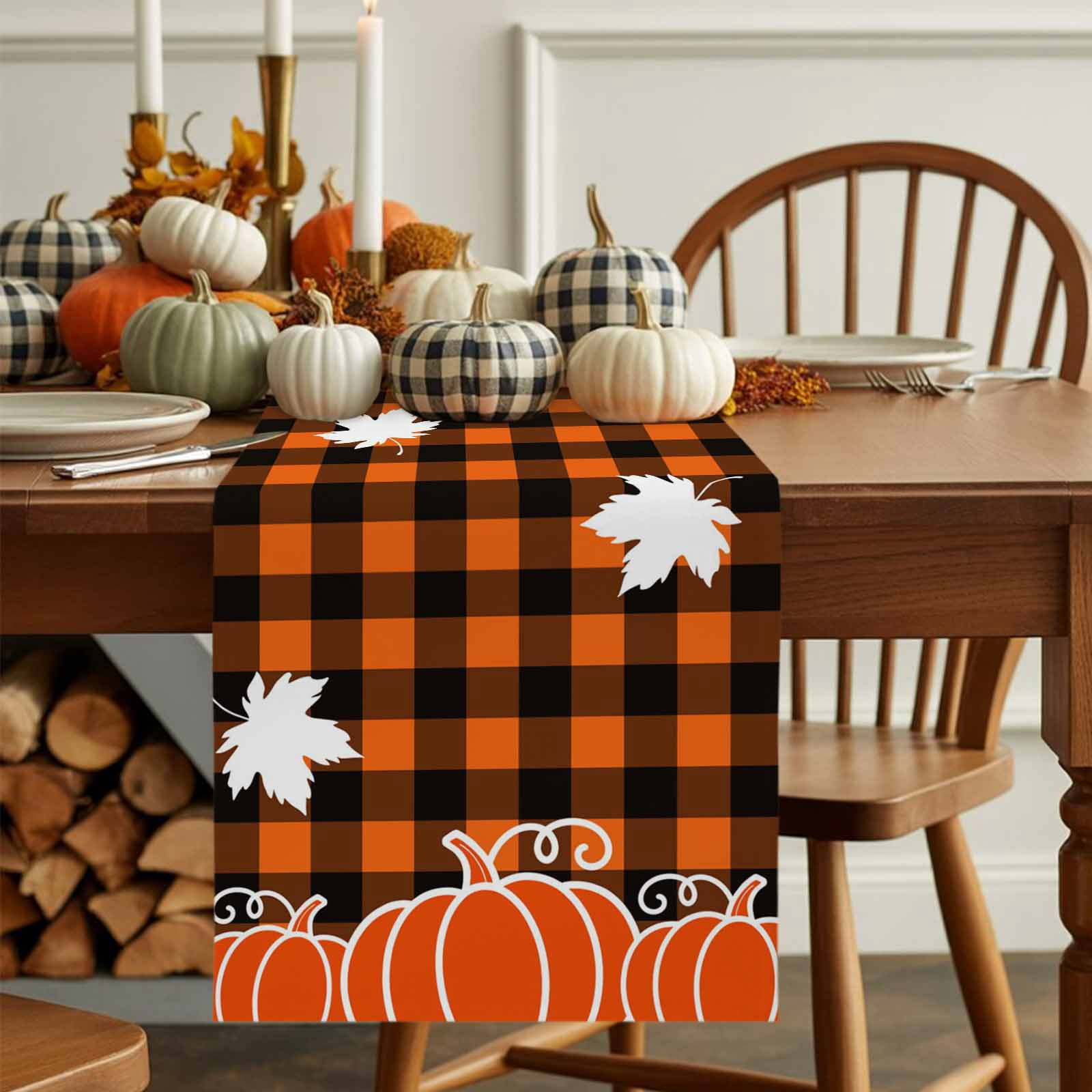 Autumn Pumpkin Maple Leaves Table Runner 13x90in Non-Slip Cotton Linen ...