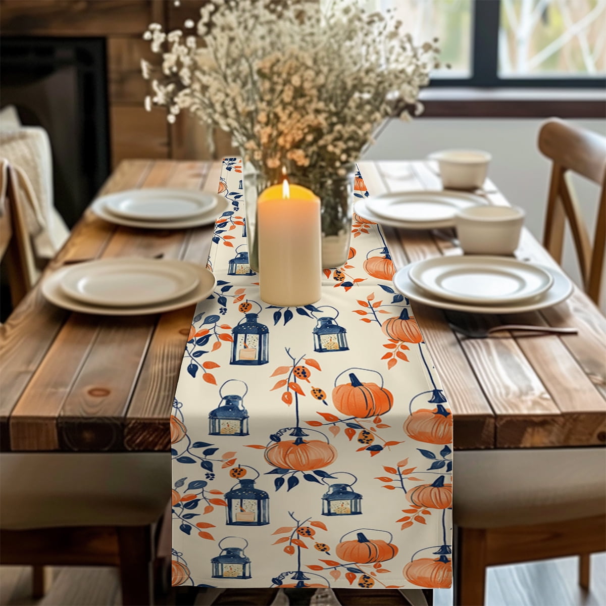 Autumn Pumpkin Oil Lamp Maple Leaf Table Runner Farmhouse Dining Table ...