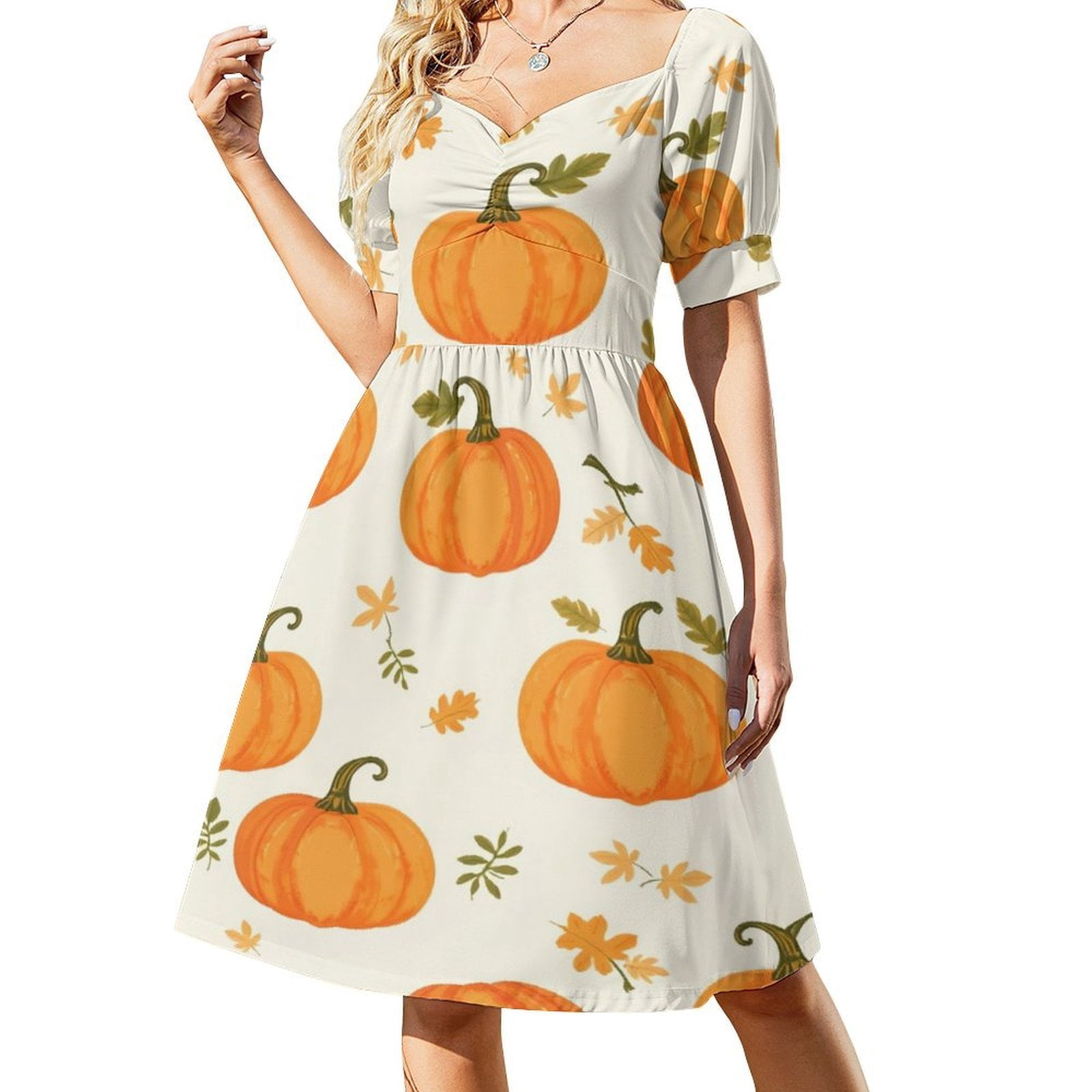 Autumn Pumpkin Pattern Short Sleeved Dress Fairy Dress Evening Gown ...