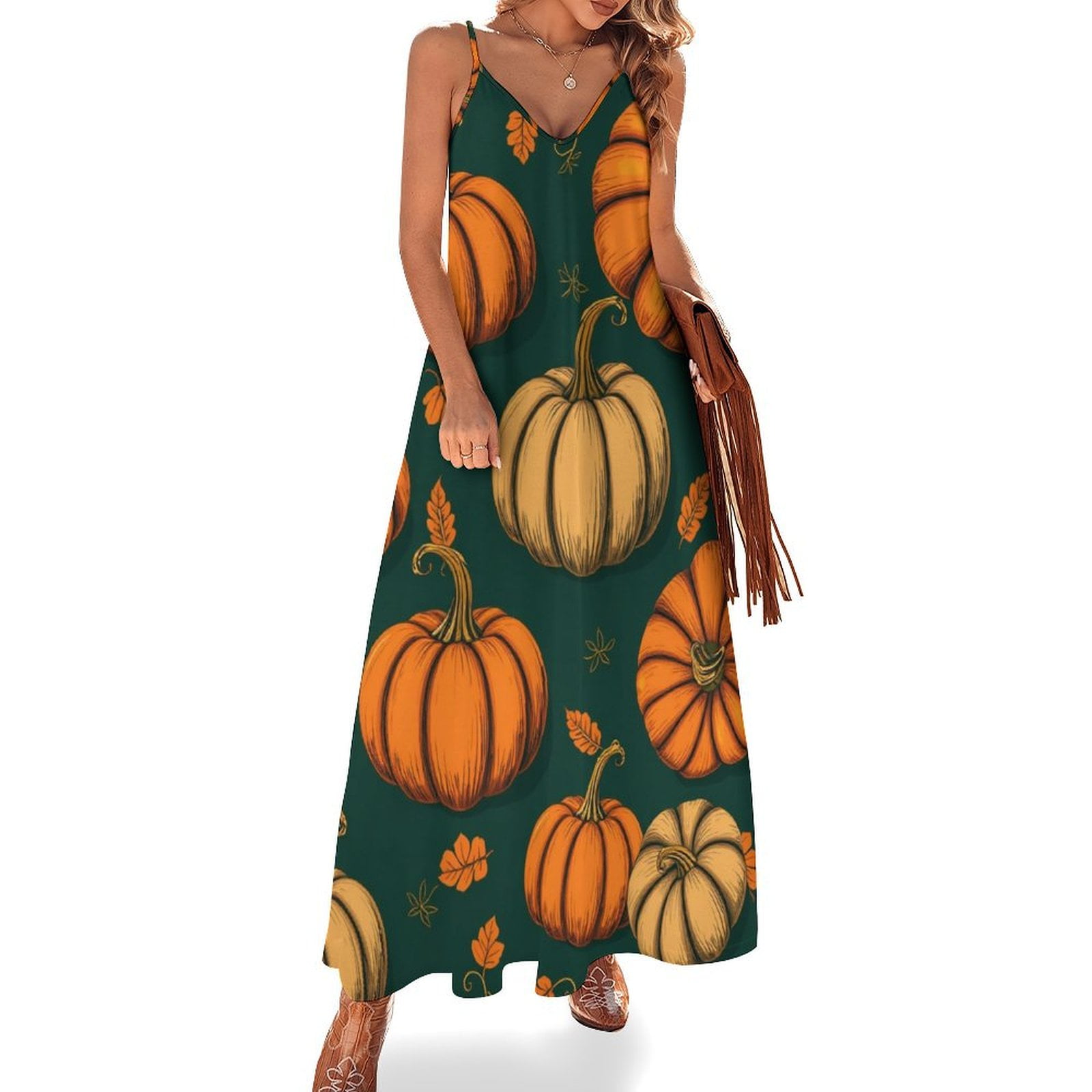 Autumn Pumpkin Pattern Sleeveless Dress Beach Outfits for Women Luxury ...