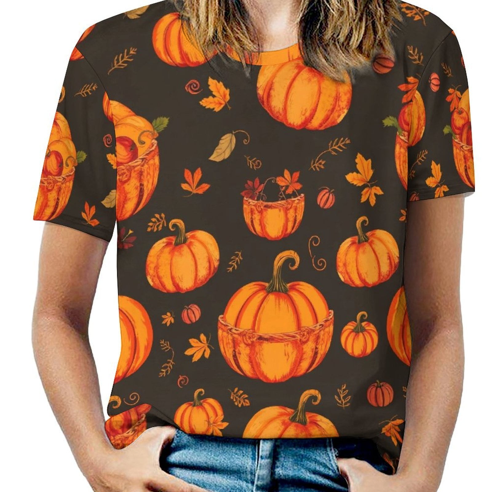 Autumn Pumpkin Pattern T Shirt O Neck Overd T Shirts Short Sleeve Street Style Tees Female Beach ...