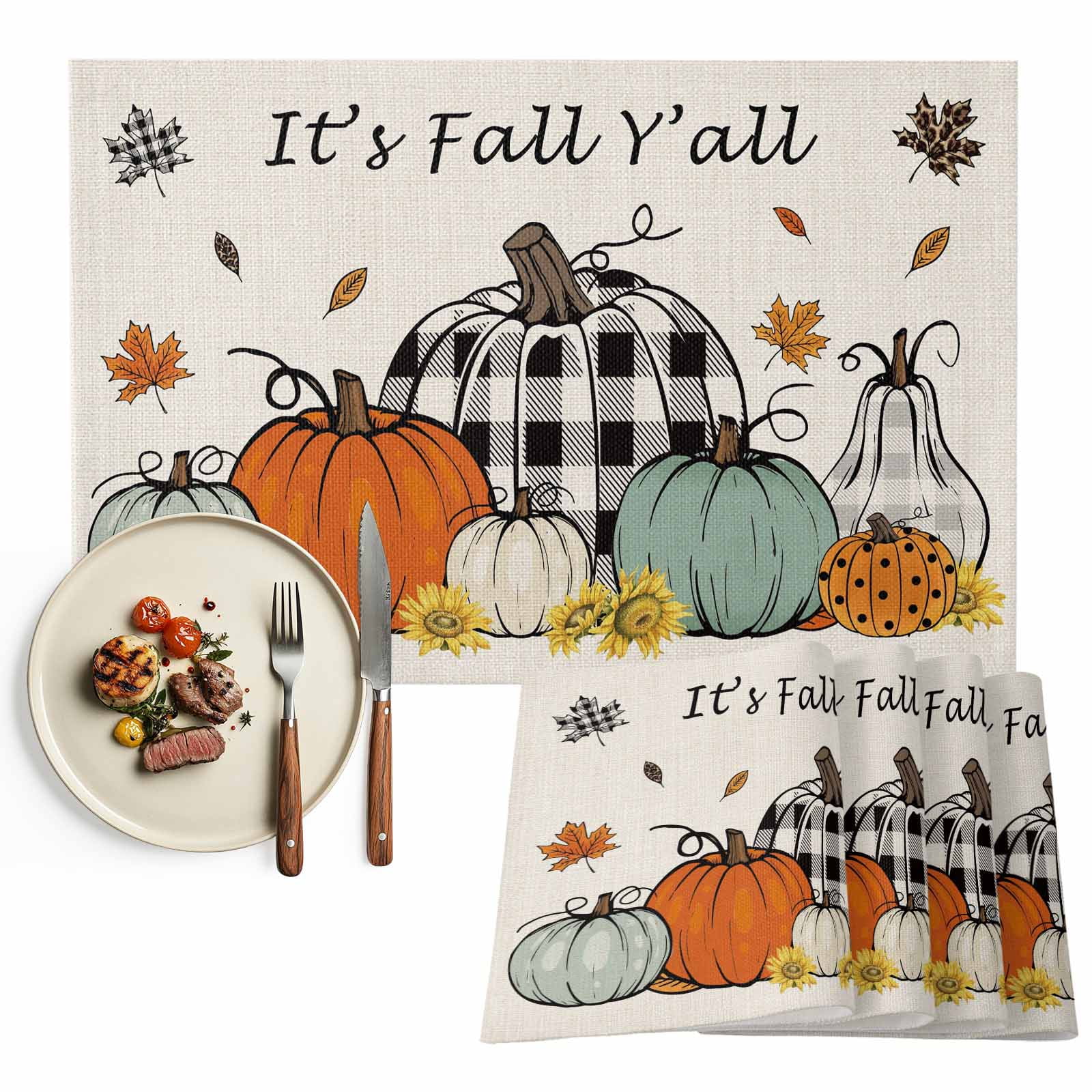 Autumn Pumpkin Placemats Set of 12 Harvest It's Fall Y'all Maple Leaf ...