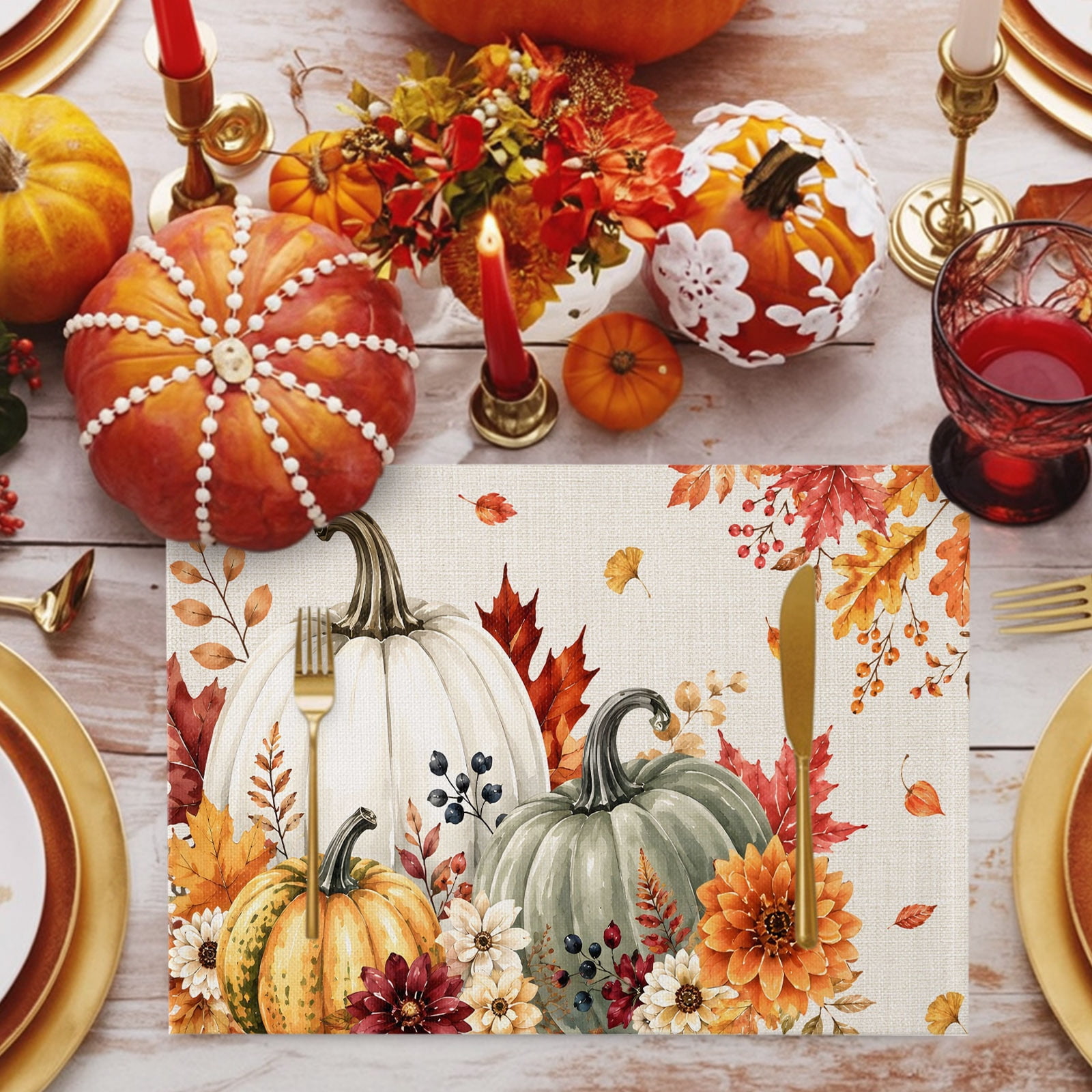 Autumn Pumpkin Placemats Set of 8, Orange White Fruits Fall Maple Leaf ...
