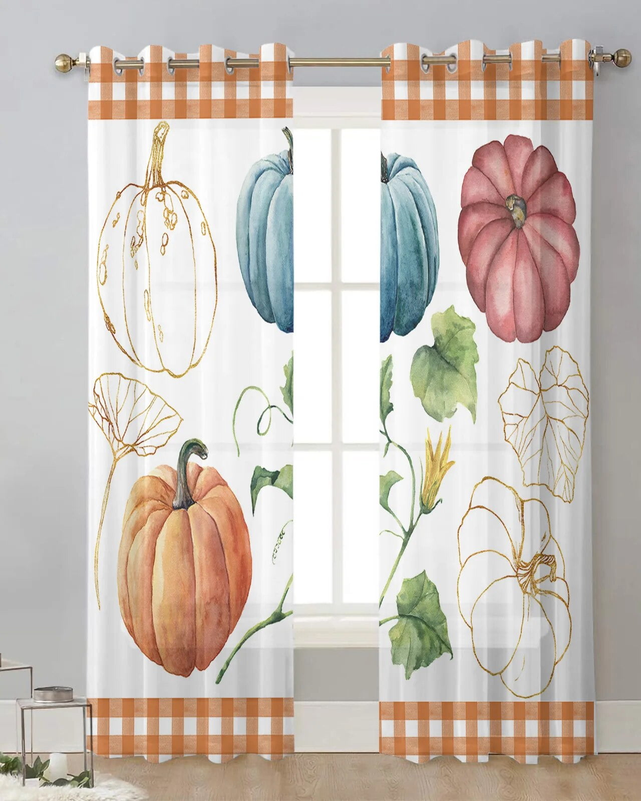 Autumn Pumpkin Plaid Thanksgiving Tulle Curtain for Living Room Bedroom ...